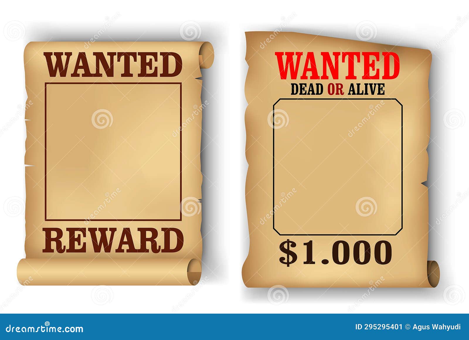 Set of Realistic Wanted Poster Isolated or Vintage Scroll Parchment ...