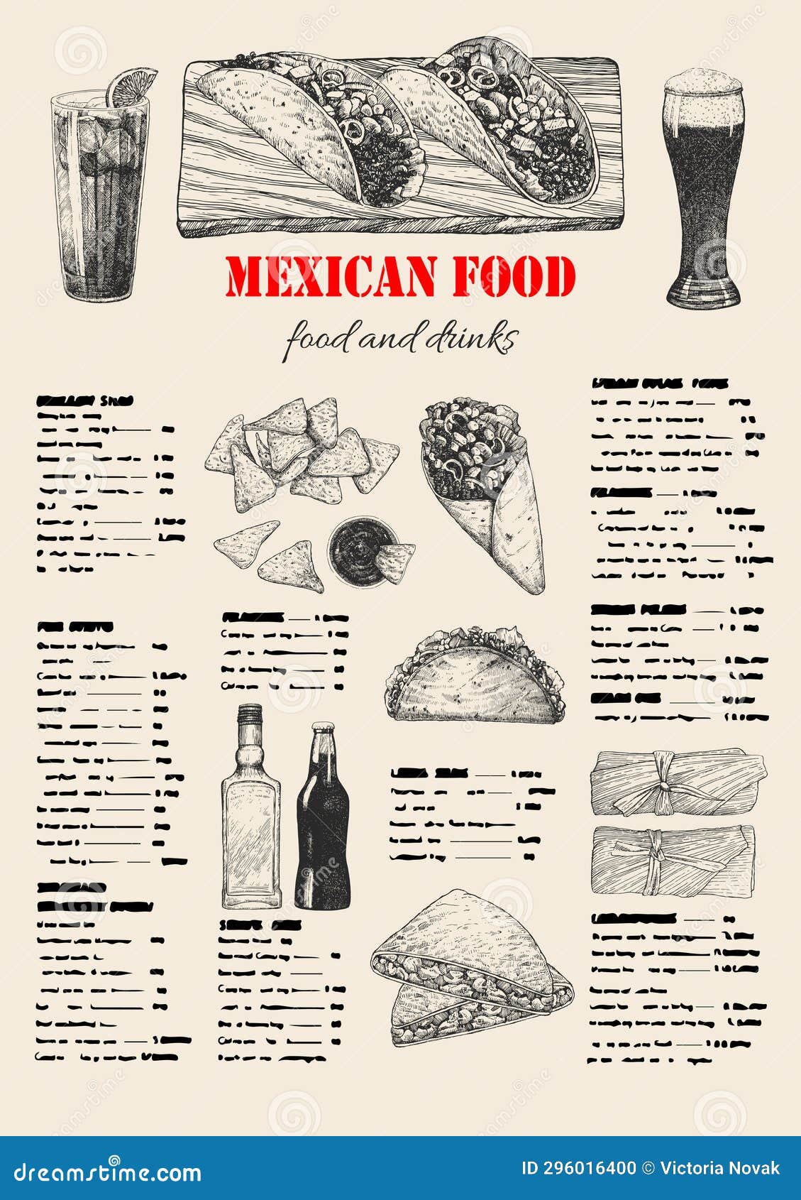 Mexican Food. Menu. Hand-drawn Illustration of Dishes and Products. Ink ...