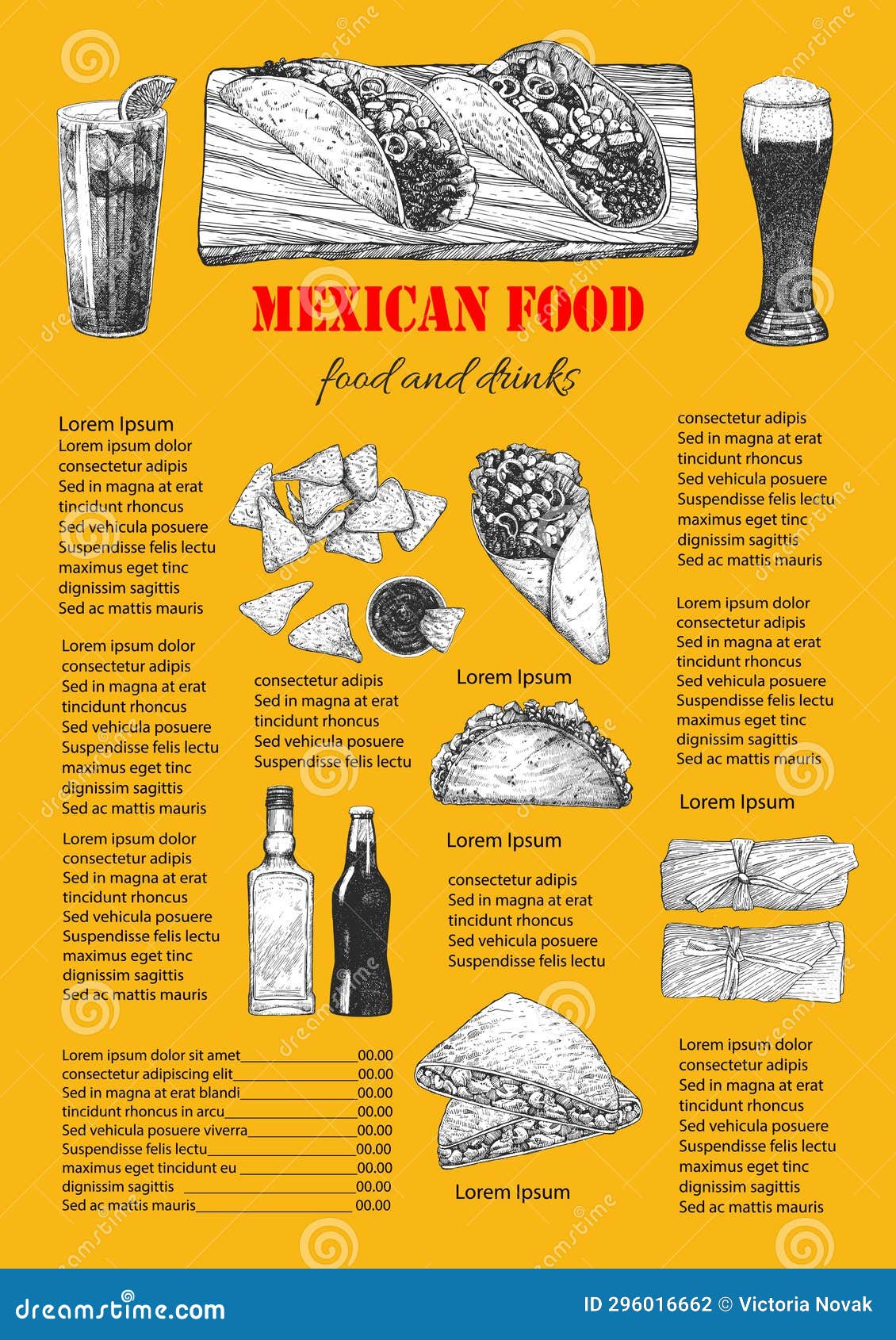 Mexican Food. Menu. Hand-drawn Illustration of Dishes and Products. Ink ...