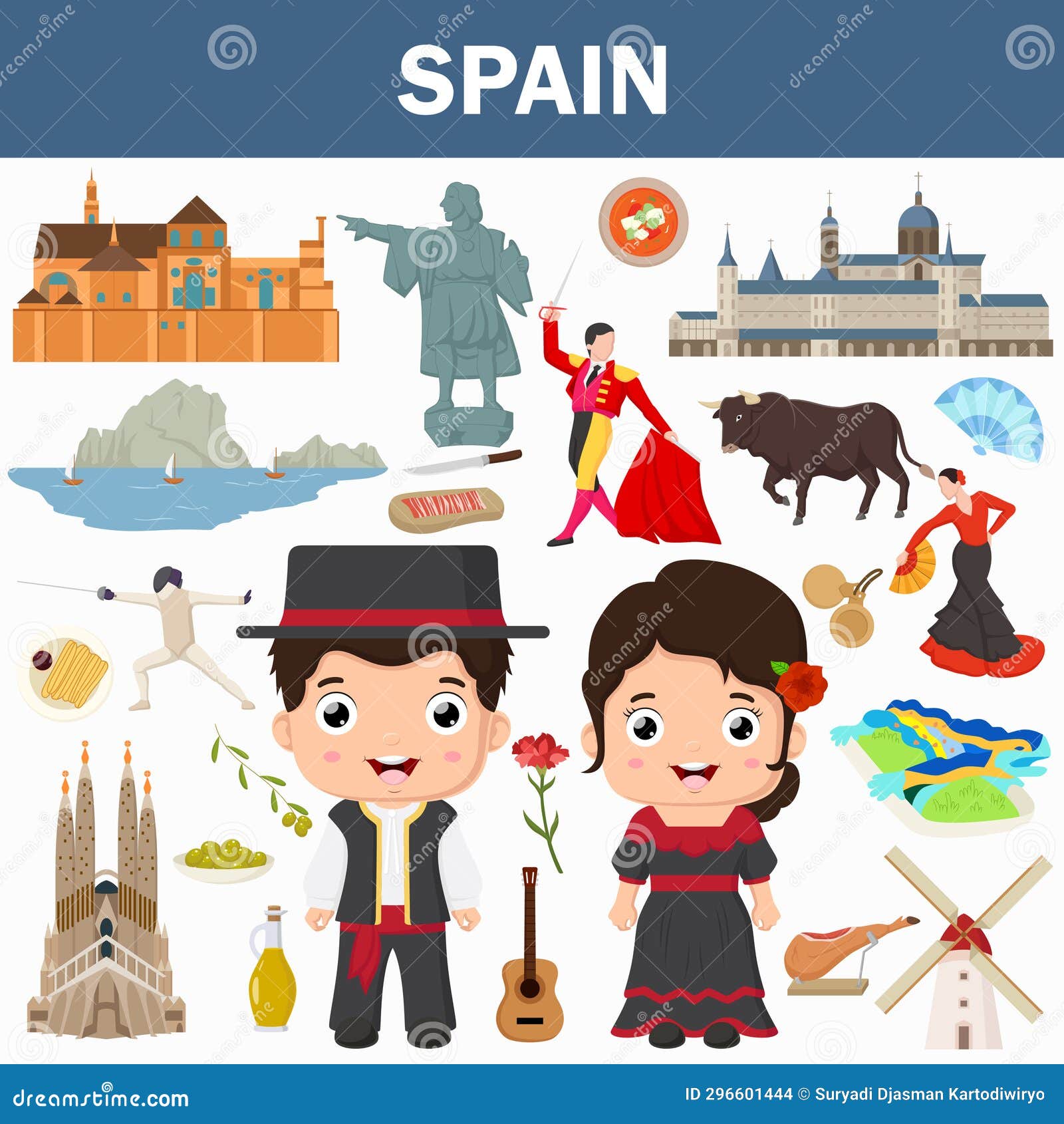 Set of Spanish Famous Landmarks Stock Vector - Illustration of ...
