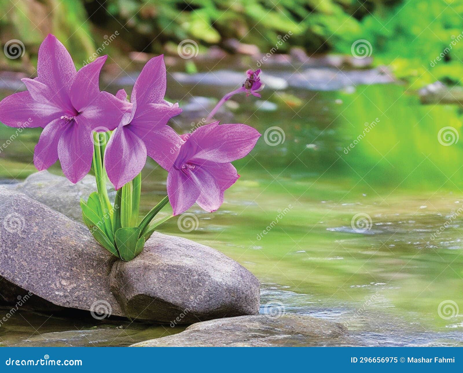 Purple Amaryllis Flowers Grow on a Rock in the Middle of the River ...