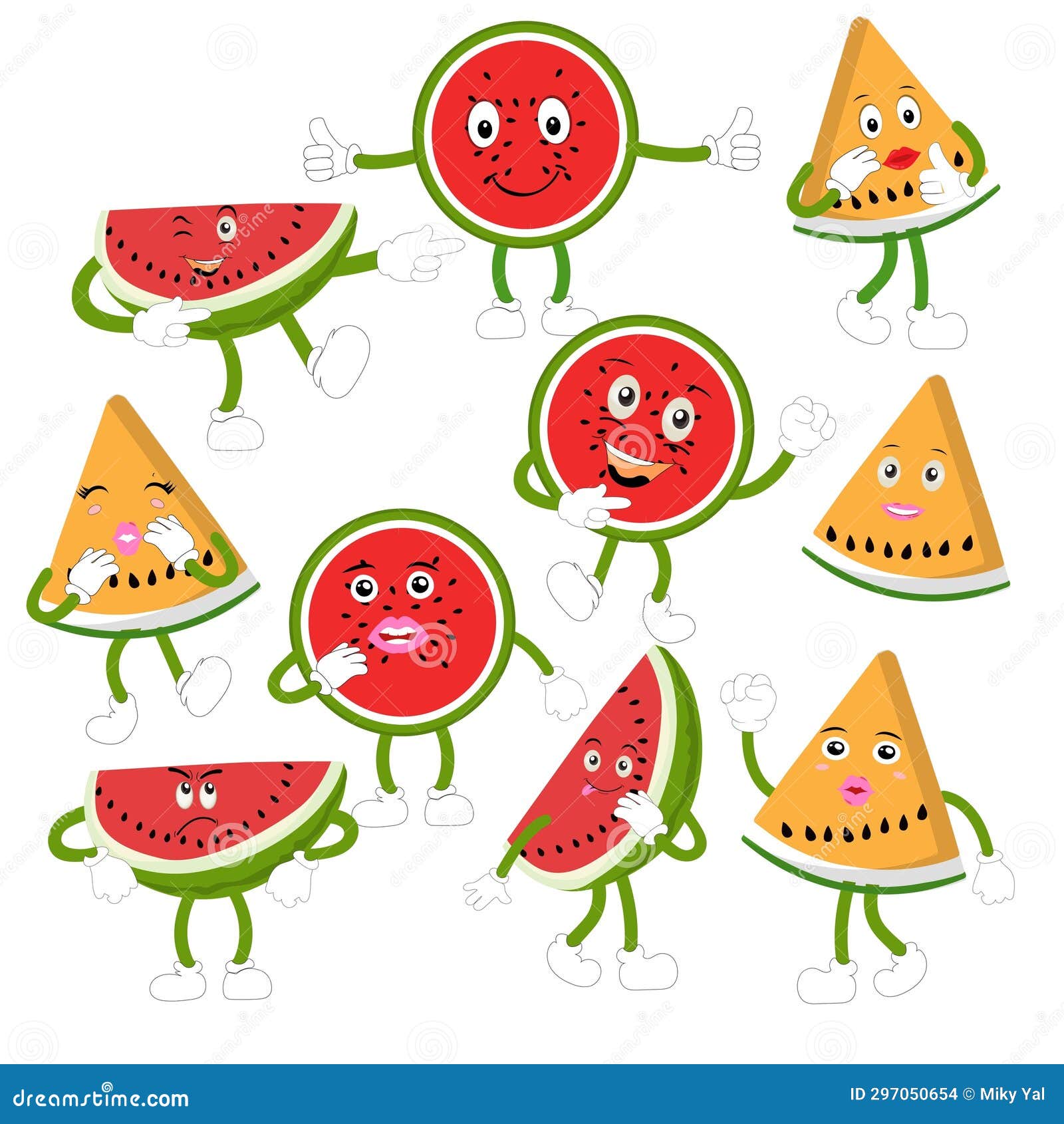 Funny Watermelon Slices Characters with Cartoon Smile Faces Stock ...