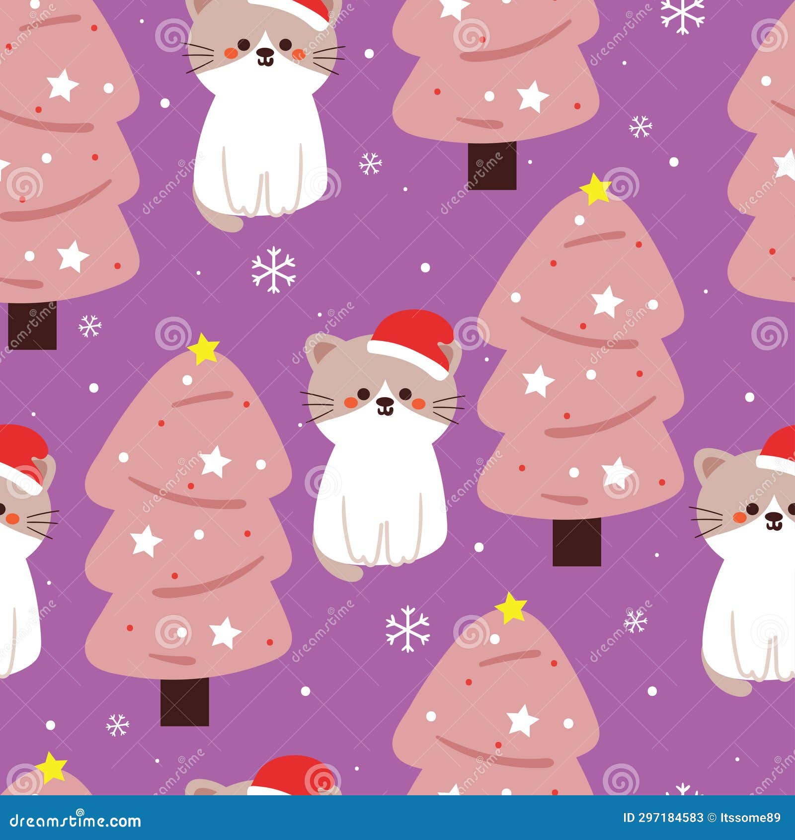 Cute Seamless Pattern Cartoon Cat with Tree in Winter Stock Vector ...