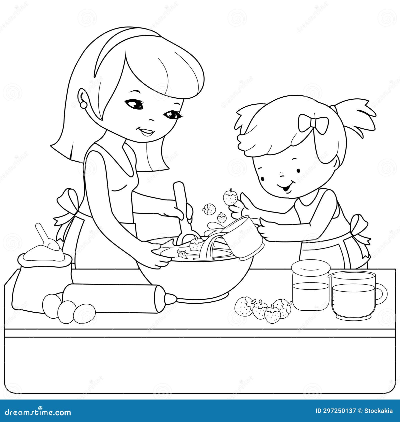 Mother and Her Daughter Cooking in the Kitchen. Vector Black and White ...
