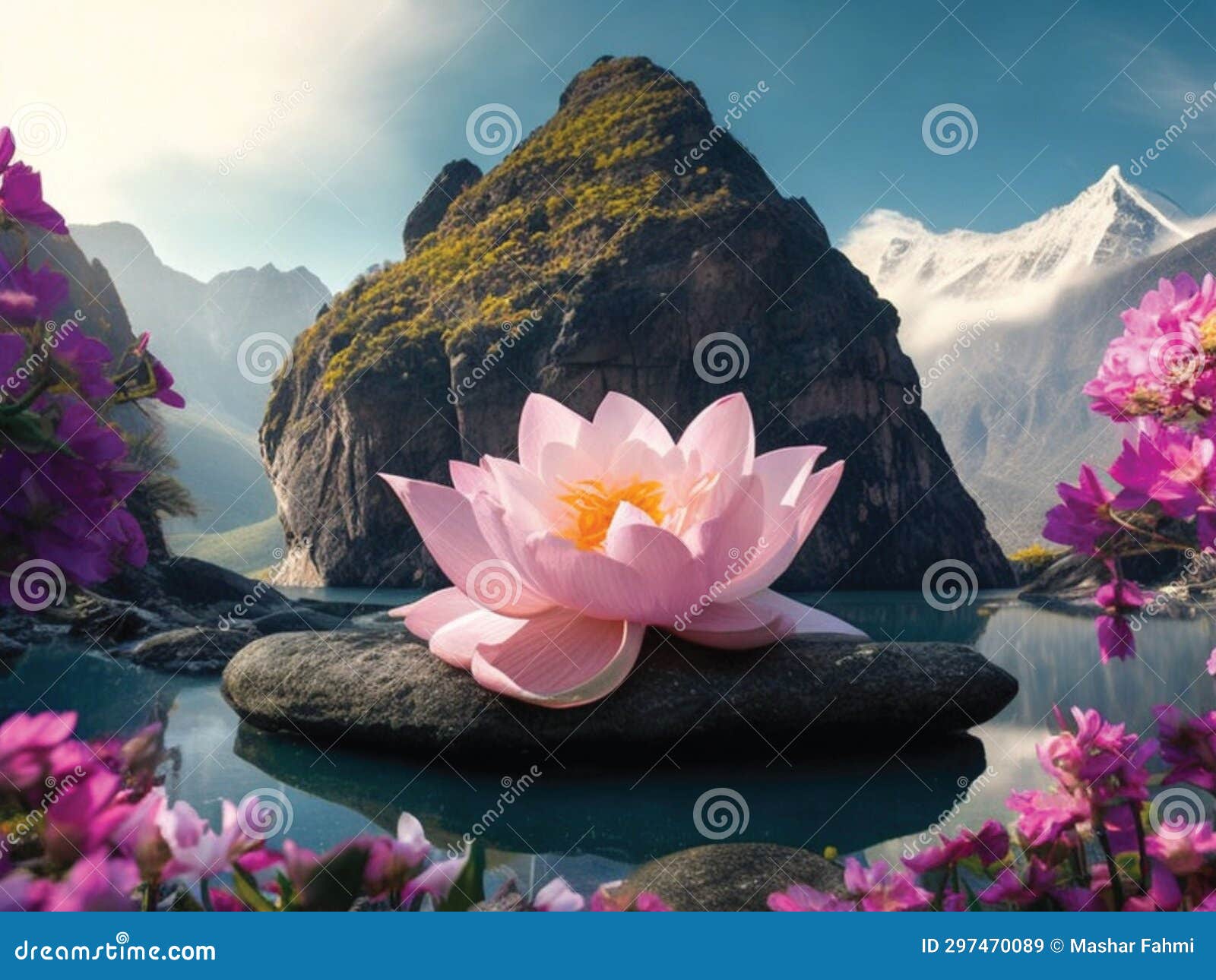 Beautiful Pink Lotus Flowers, Blooming on a Rock with a Mountain View ...