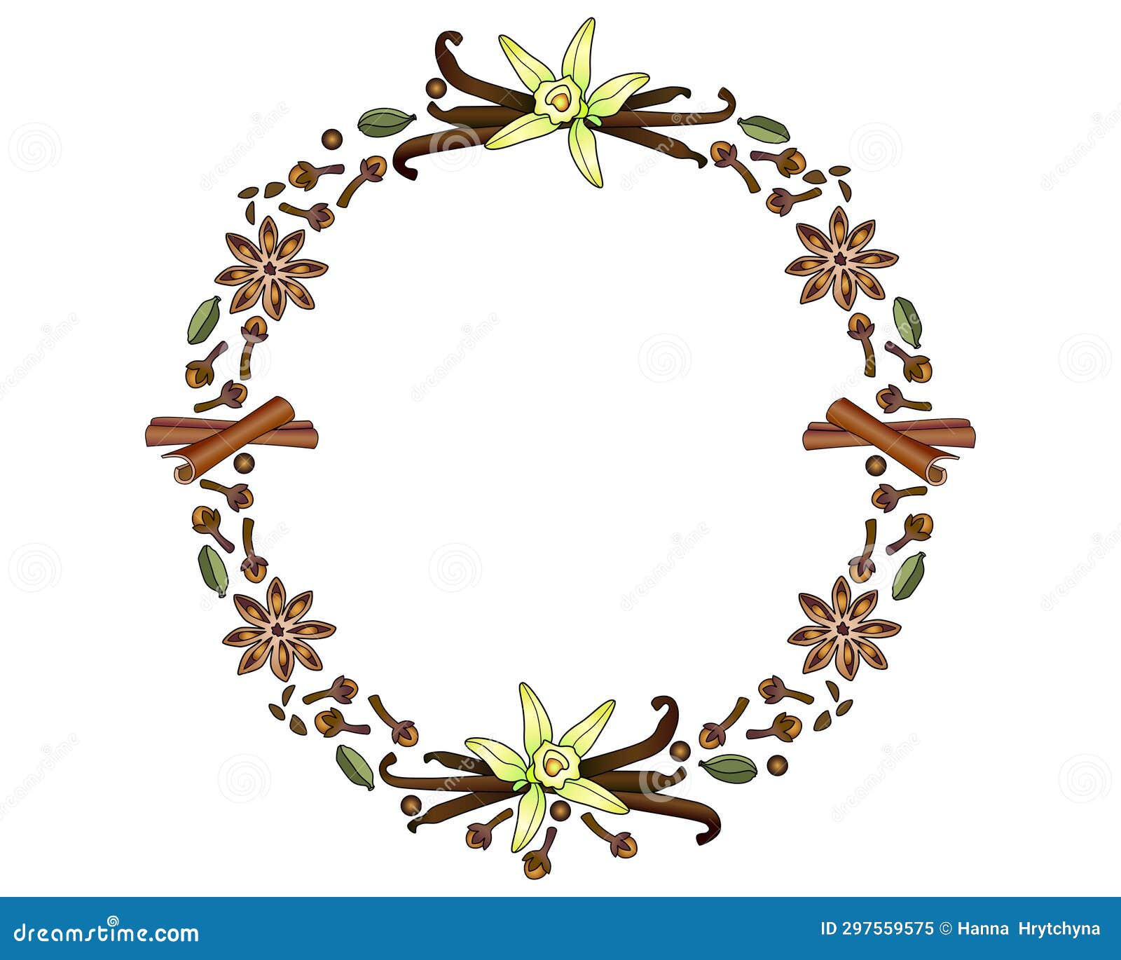 Round Frame Made of Spices. Vanilla Cardamom, Cloves, Cinnamon, Star ...