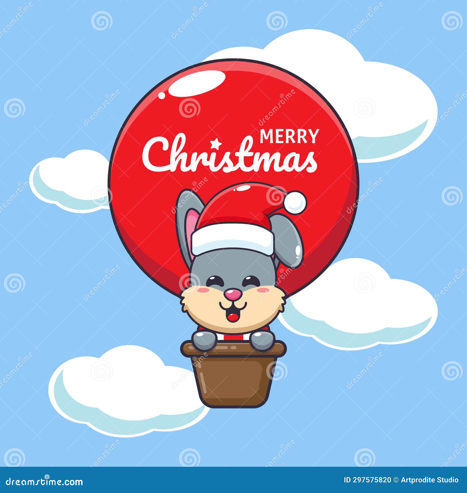 Cute Rabbit Fly with Air Balloon. Cute Christmas Cartoon Character ...