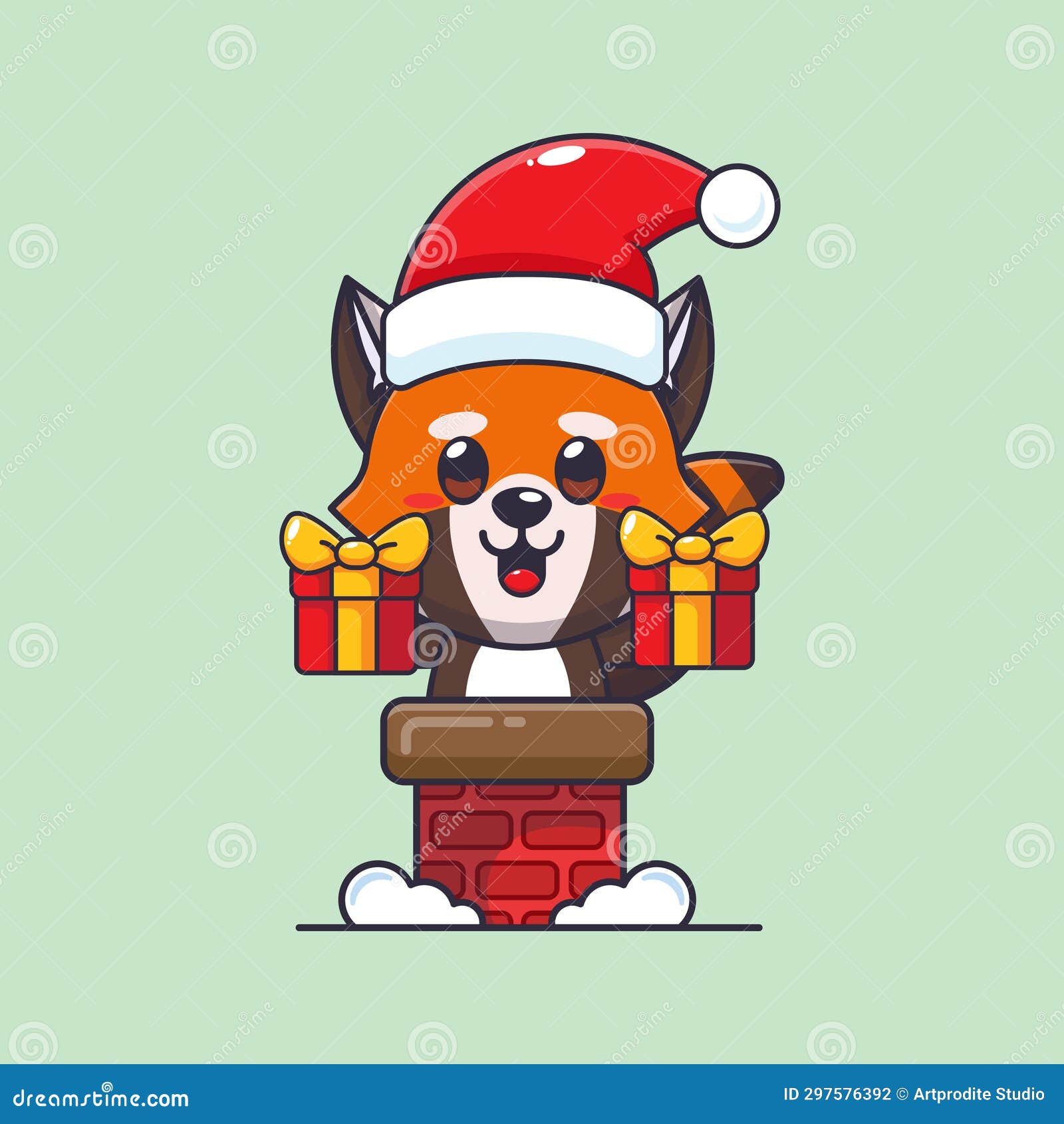 Cute Red Panda with Santa Hat in the Chimney. Cute Christmas Cartoon ...