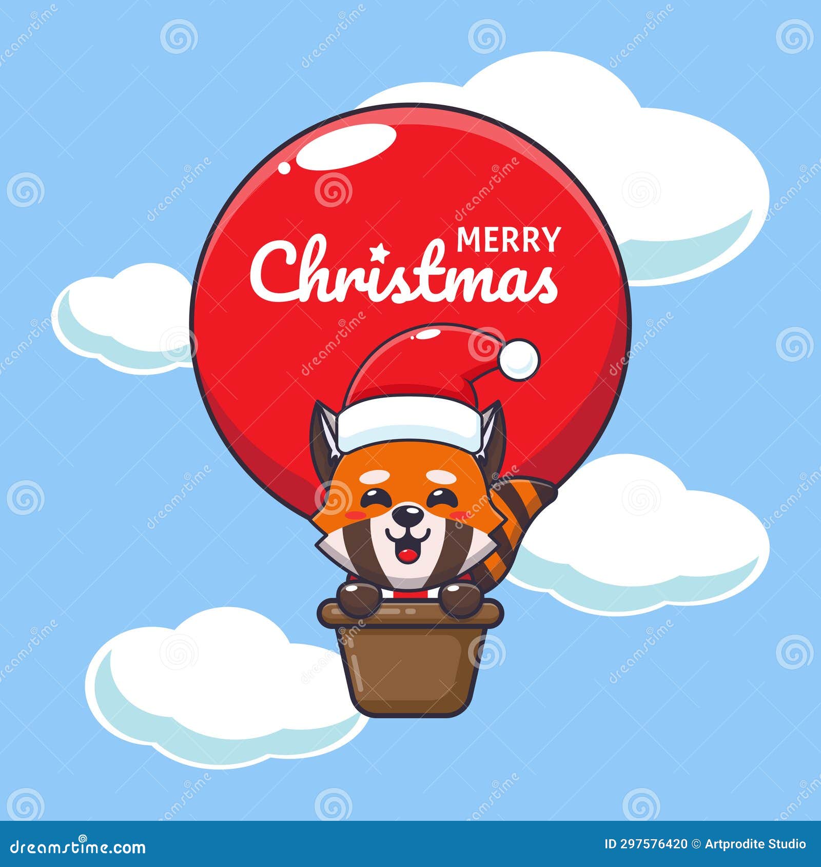 Cute Red Panda Fly with Air Balloon. Cute Christmas Cartoon Character ...