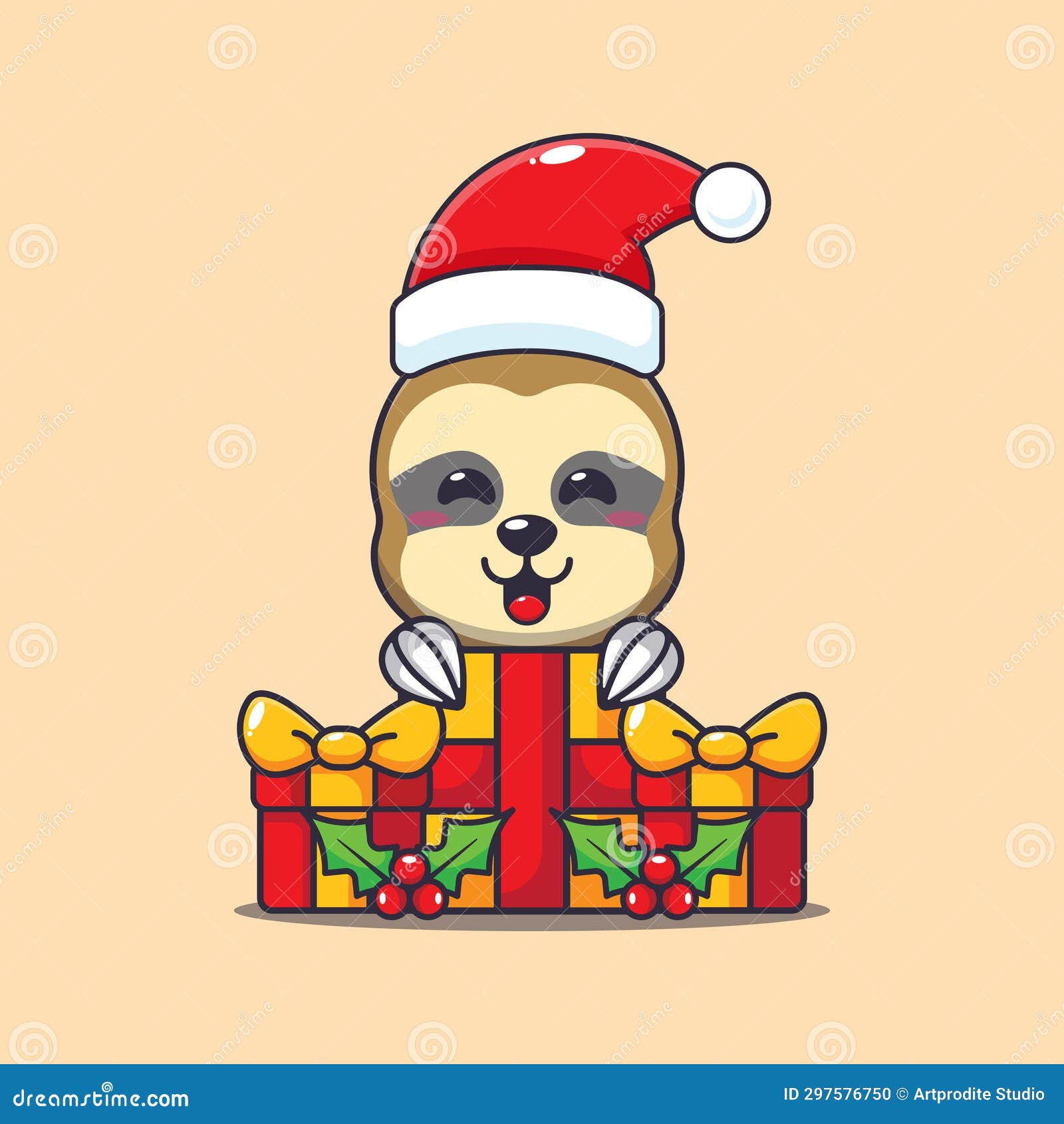 Cute Sloth Happy with Christmas Gift. Cute Christmas Cartoon Character ...
