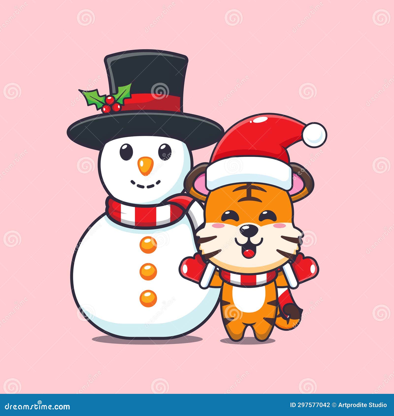 Cute Tiger Playing with Snowman. Cute Christmas Cartoon Character ...