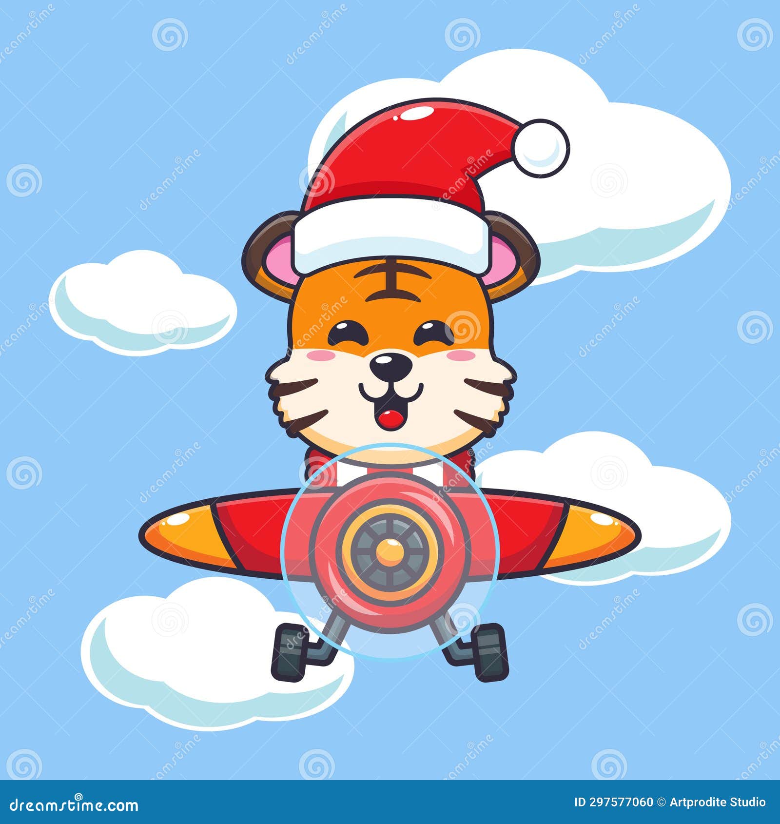 Cute Tiger Wearing Santa Hat Flying with Plane. Cute Christmas Cartoon ...