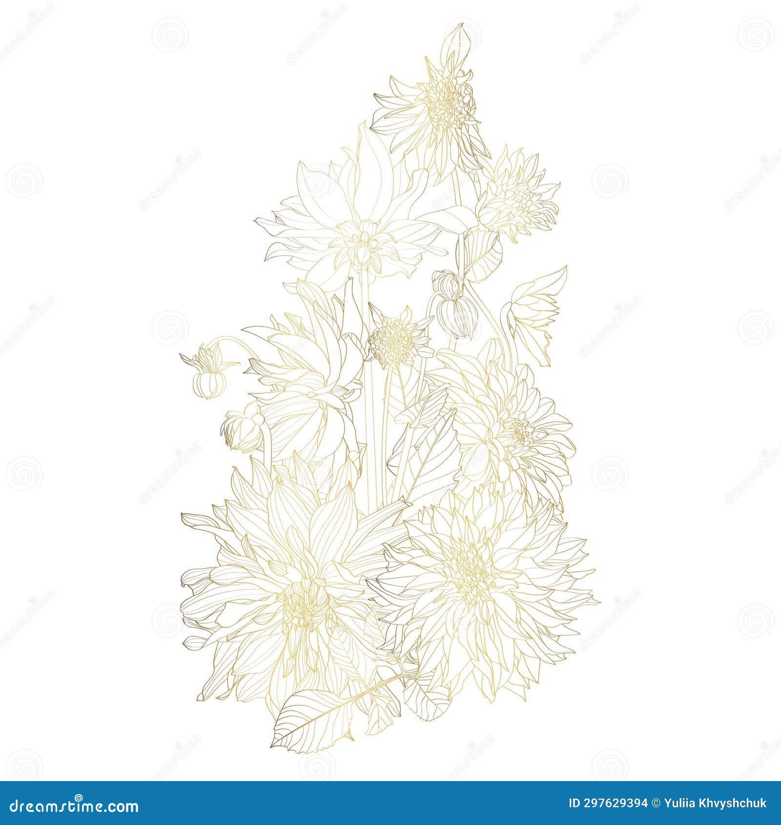 Hand Drawn Summer Golden Bouquet: Rustic Dahlia, Line Art. Hand Painted ...