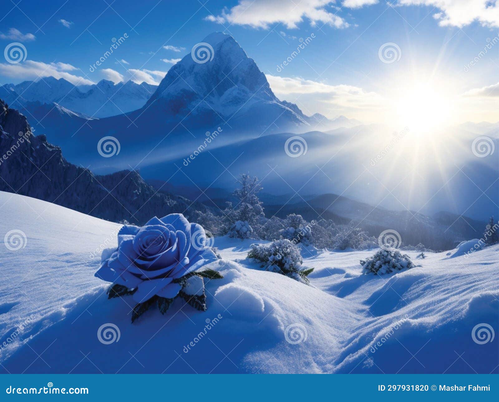 Cold Blue Roses on Land and Snowy Mountains Stock Photo - Image of rore ...