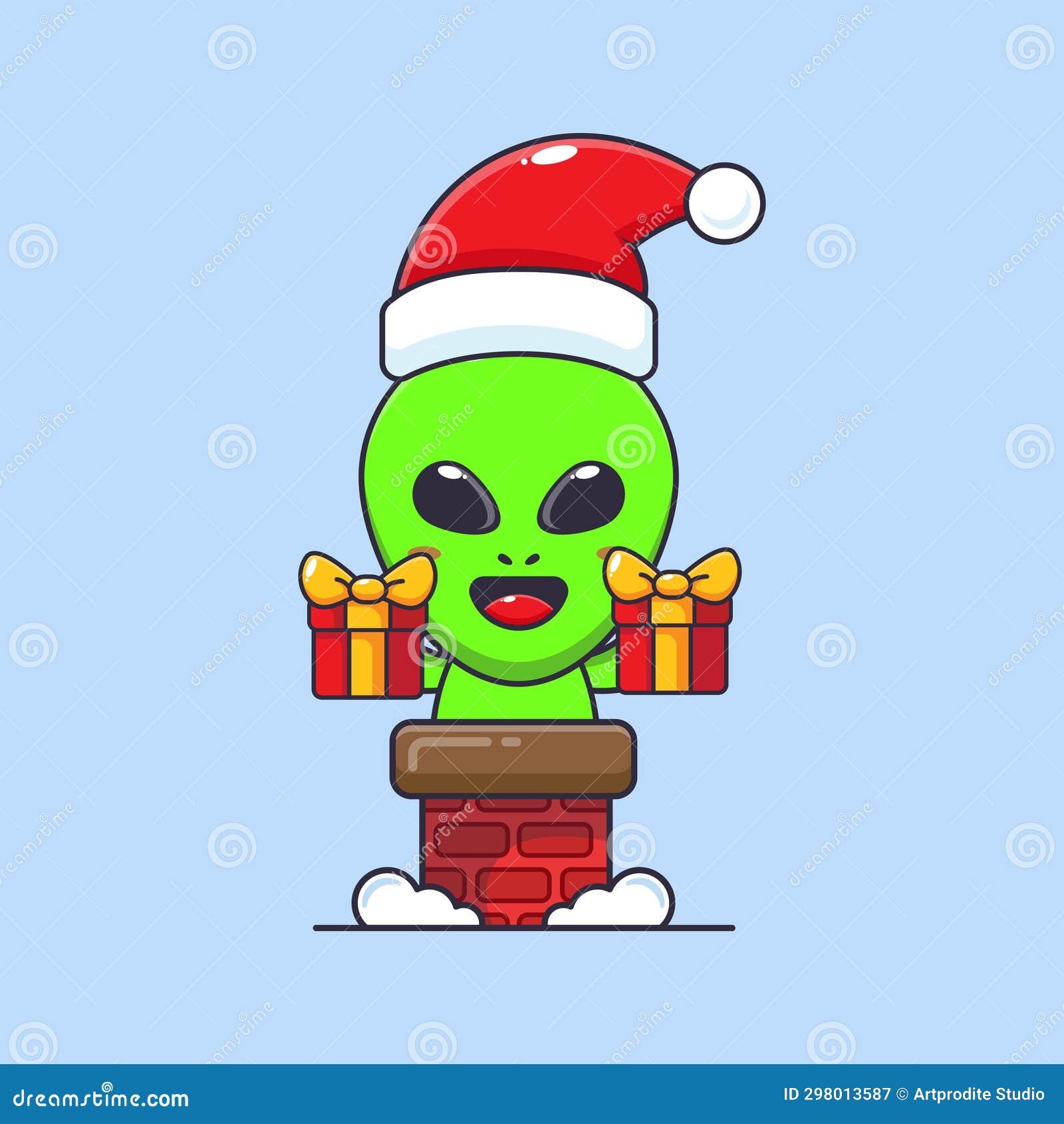 Cute Alien with Santa Hat in the Chimney. Cute Christmas Cartoon ...