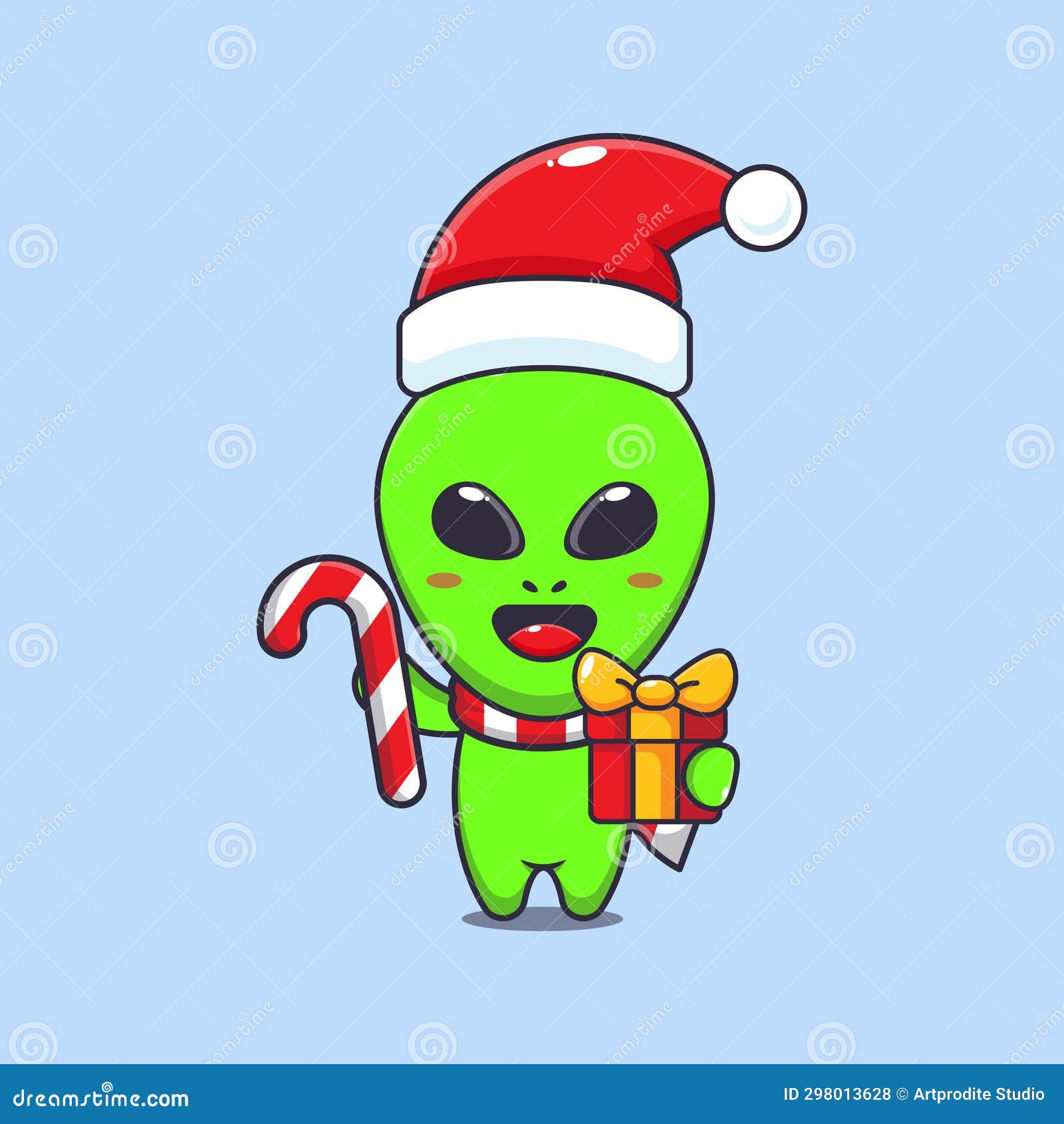 Cute Alien Holding Christmas Candy and Gift. Cute Christmas Cartoon ...
