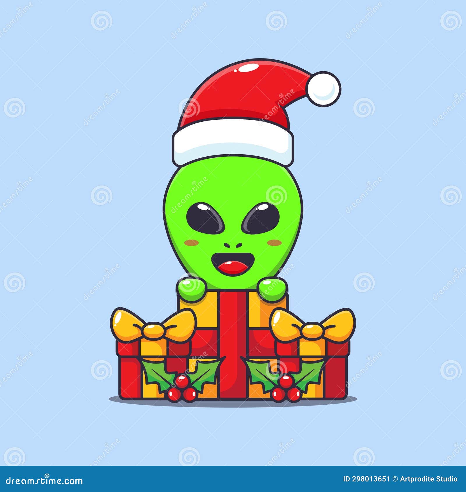 Cute Alien Happy with Christmas Gift. Cute Christmas Cartoon Character ...