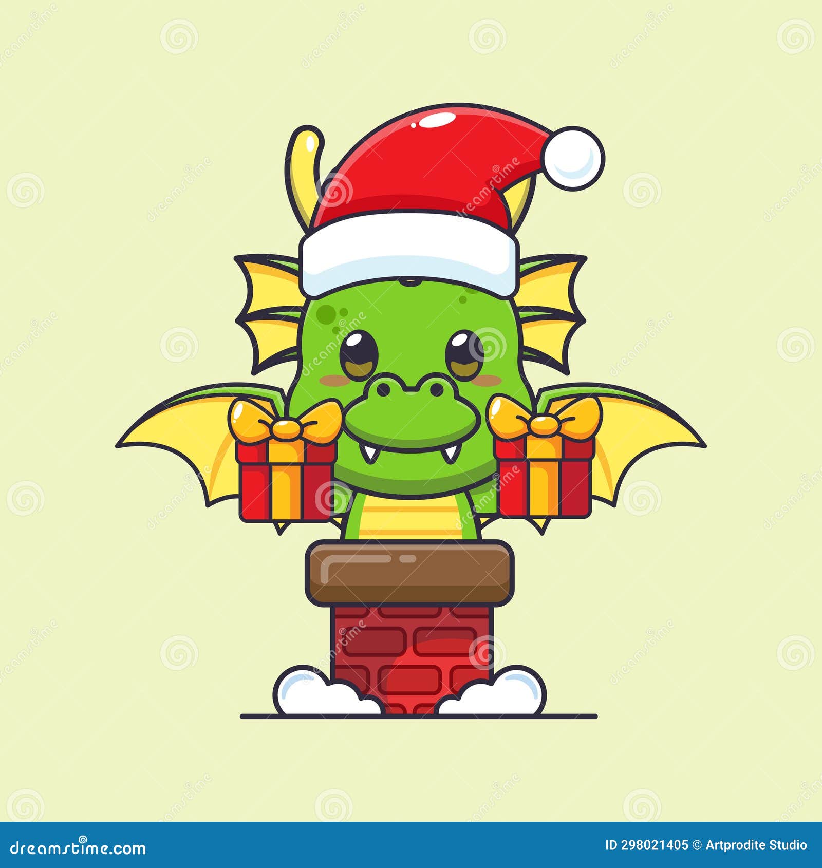 Cute Dragon with Santa Hat in the Chimney. Cute Christmas Cartoon ...