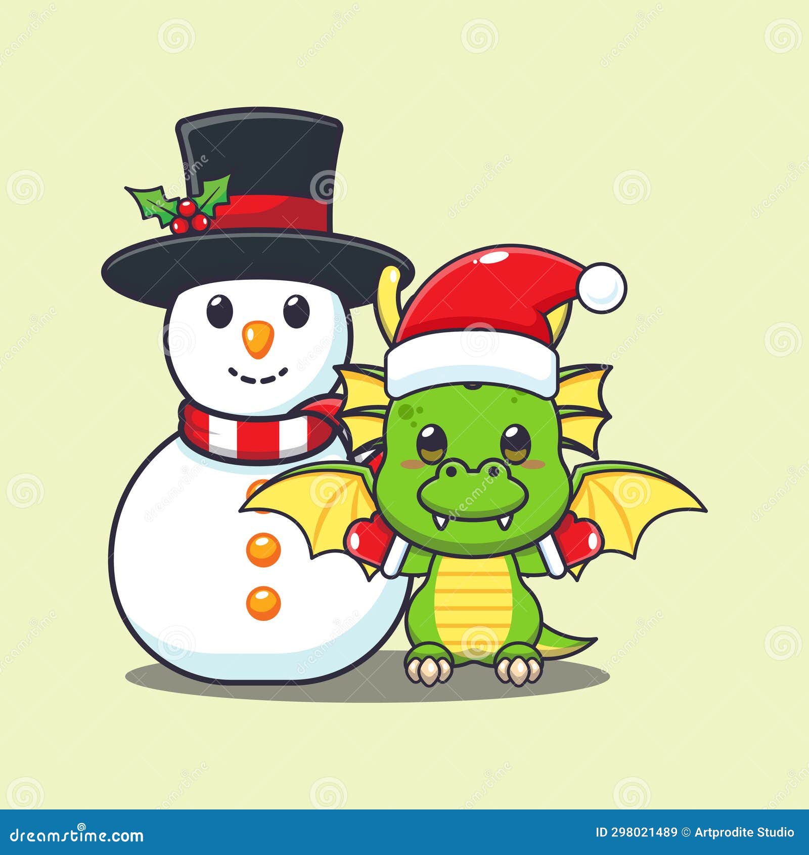 Cute Dragon Playing with Snowman. Cute Christmas Cartoon Character ...