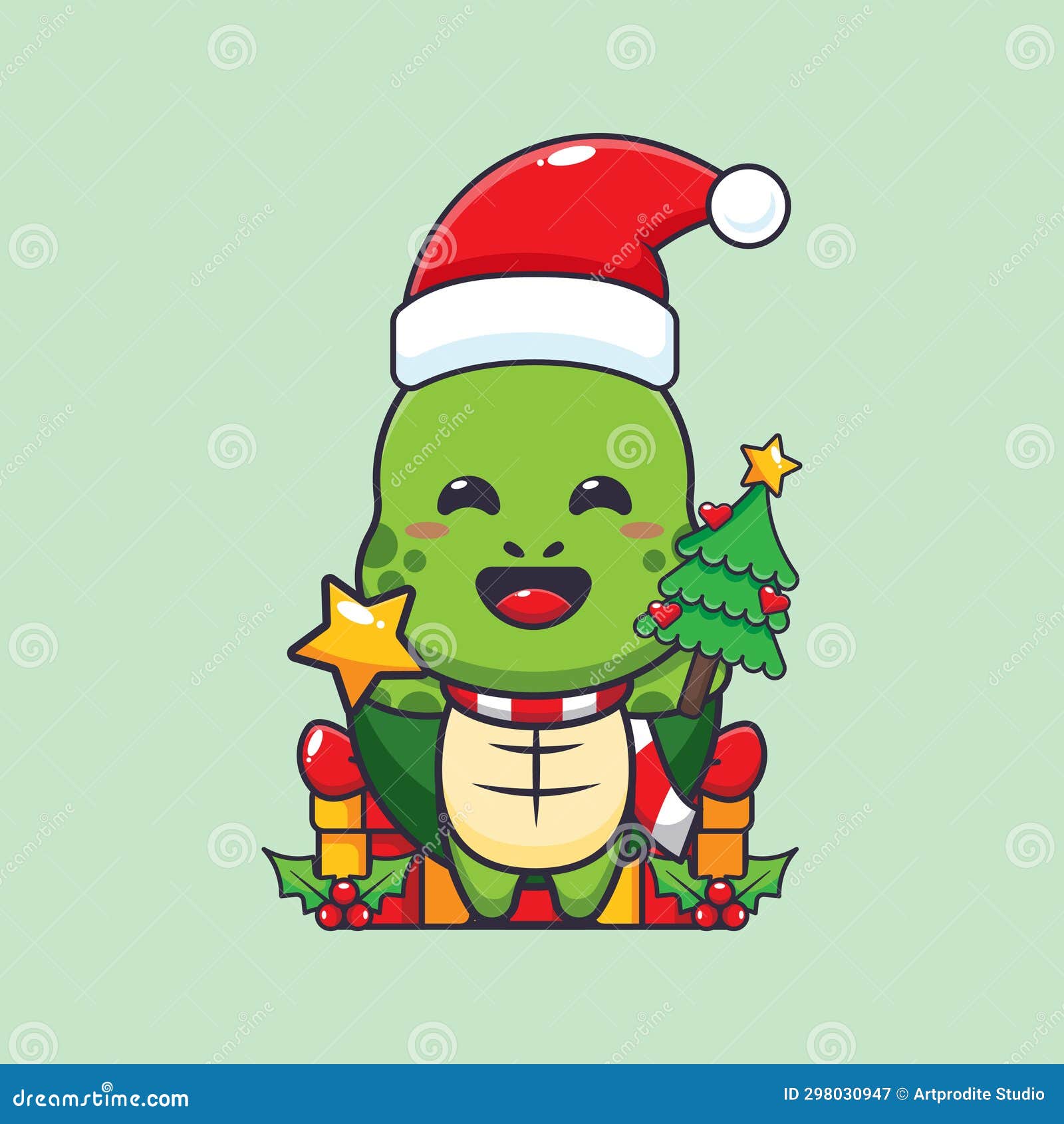Cute Turtle Holding Star and Christmas Tree. Cute Christmas Cartoon ...