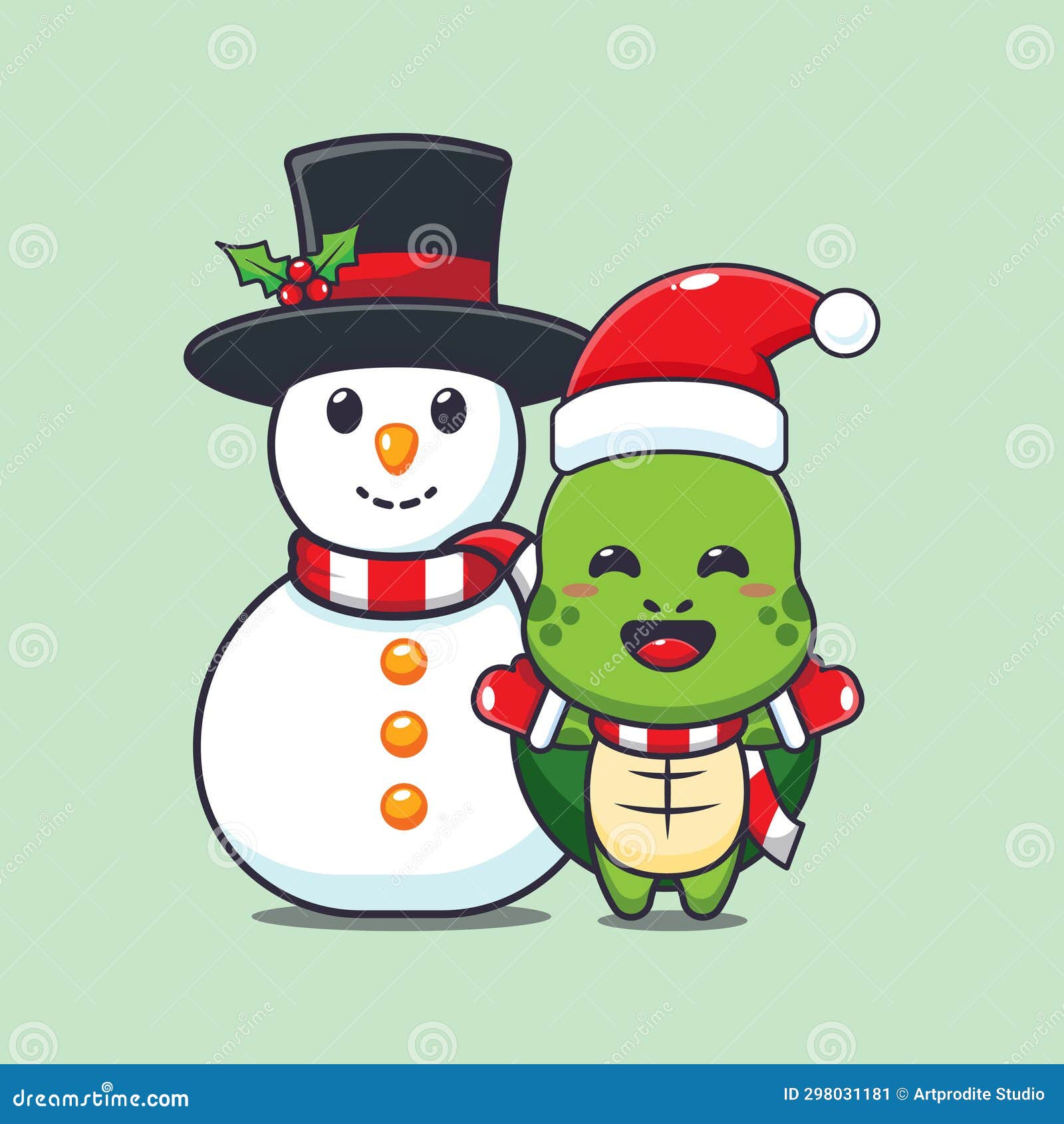 Cute Turtle Playing with Snowman. Cute Christmas Cartoon Character ...