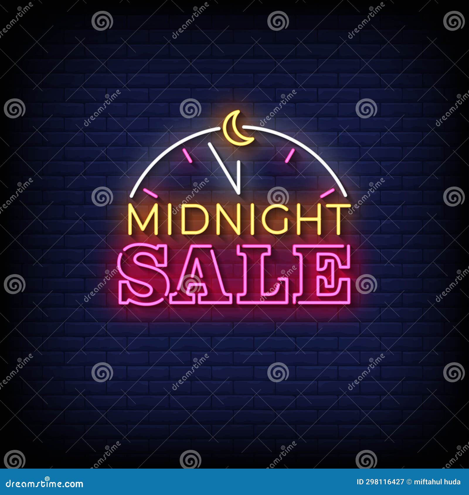 Neon Sign Midnight Sale with Brick Wall Background Vector Stock Vector ...