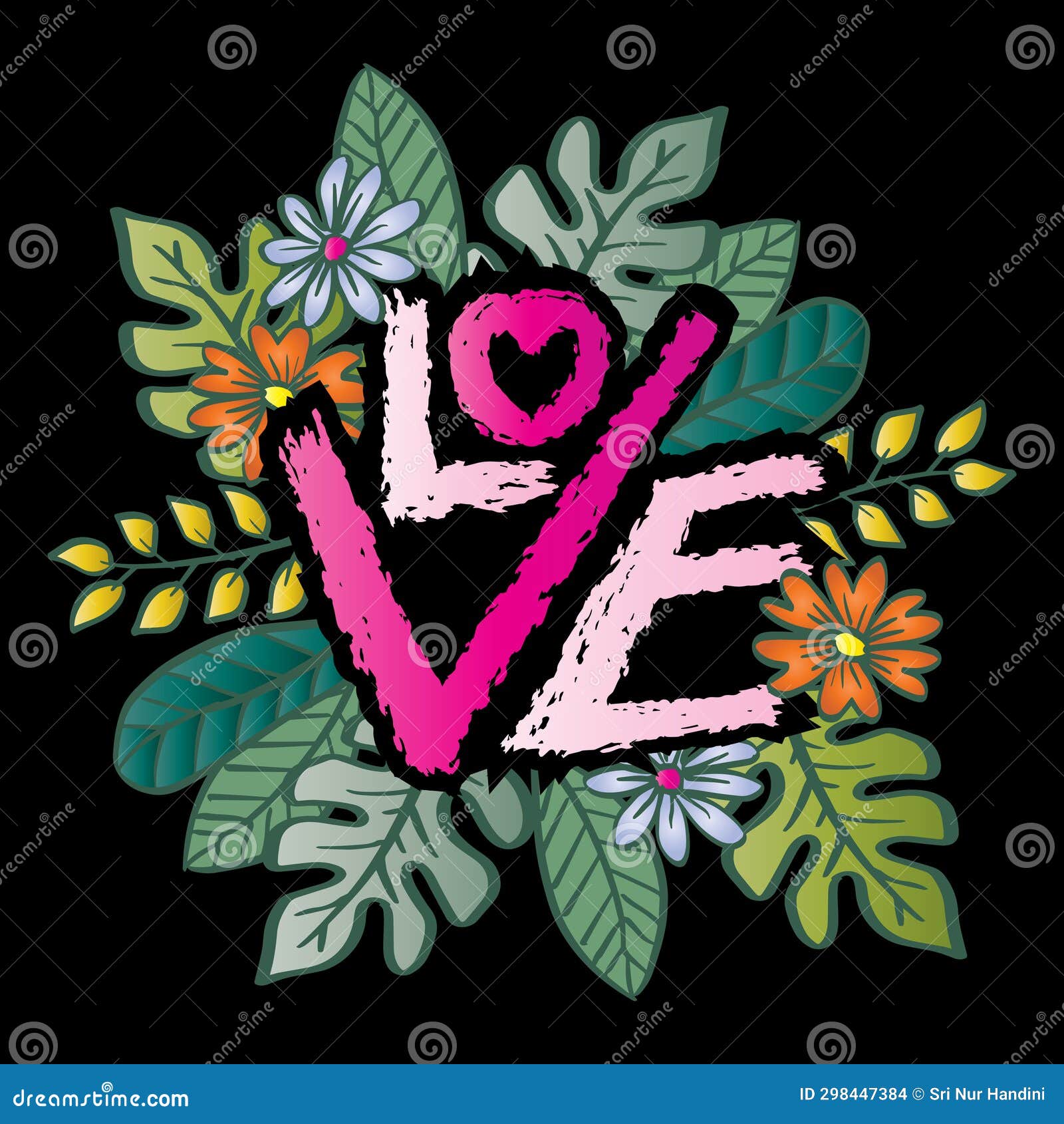 Love Lettering with Flowers, Leaves and Heart. Stock Illustration ...