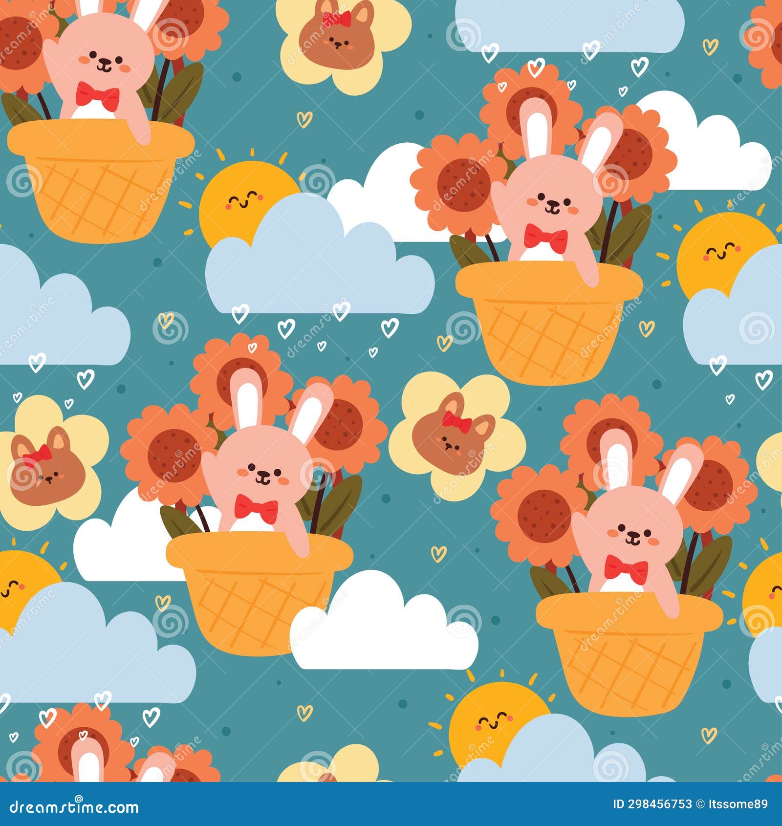 Seamless Pattern Cartoon Bunny Inside a Basket with Sky Element Stock ...