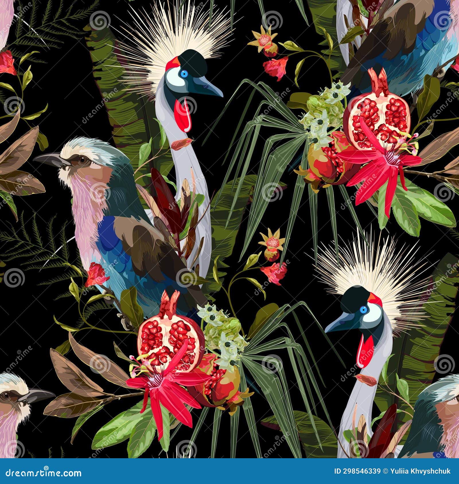Exotic Birds, Flowers, Pomegranate, Palm Leaves, Black Background ...