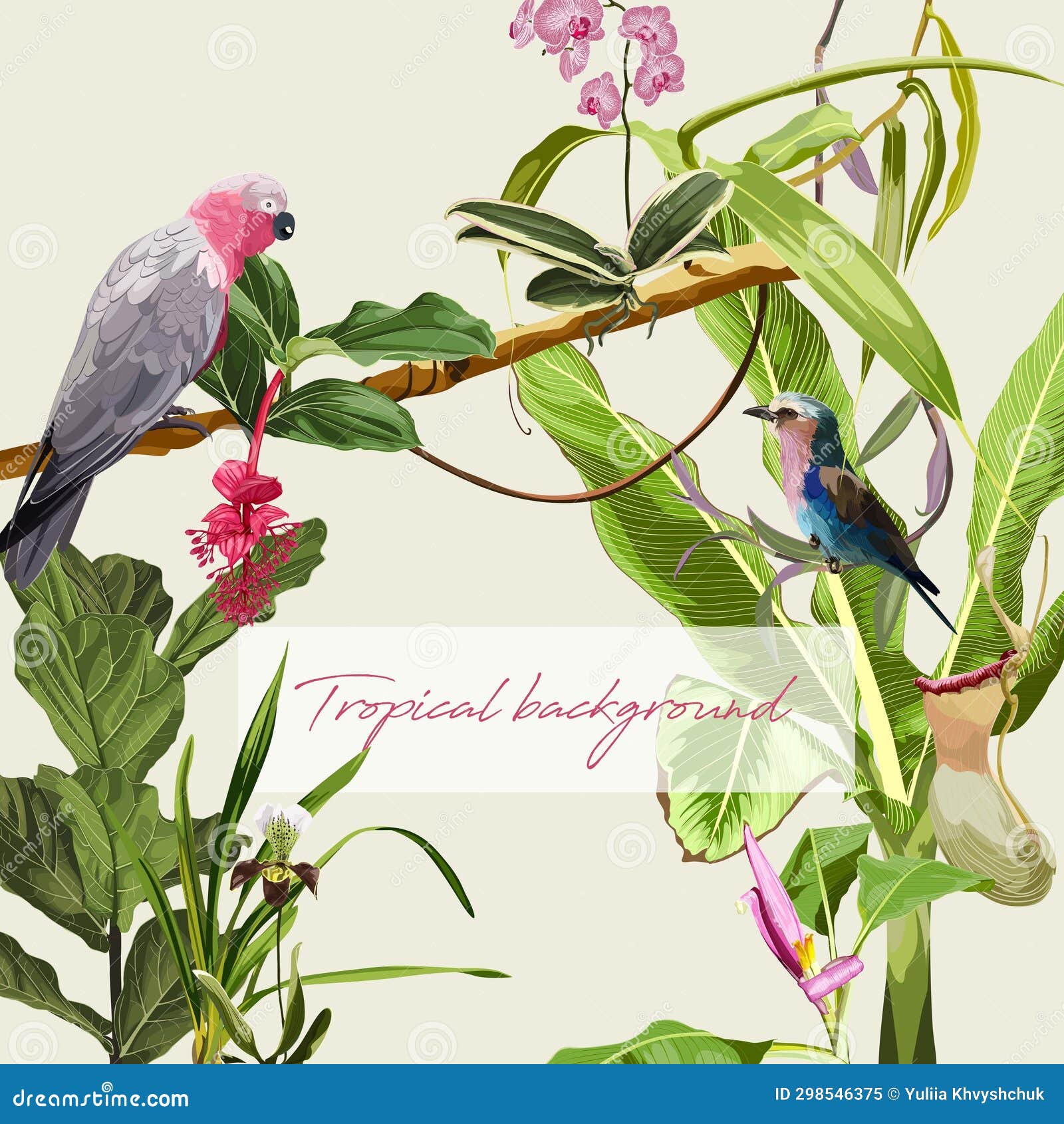Exotic Pink Parrot, Lilac Breasted Roller Birds with Leaves and Flowers ...