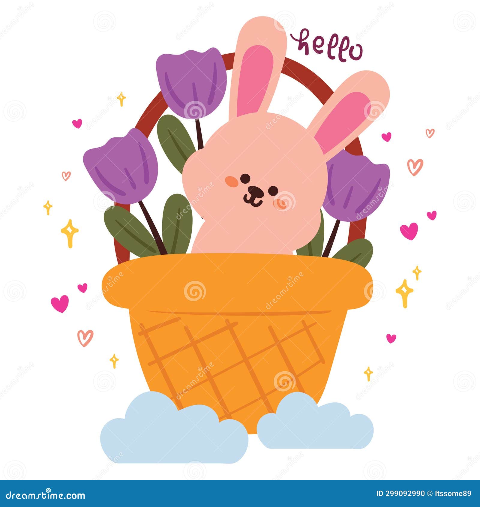 Hand Drawing Cartoon Bunny Inside a Basket with Flowers Stock ...