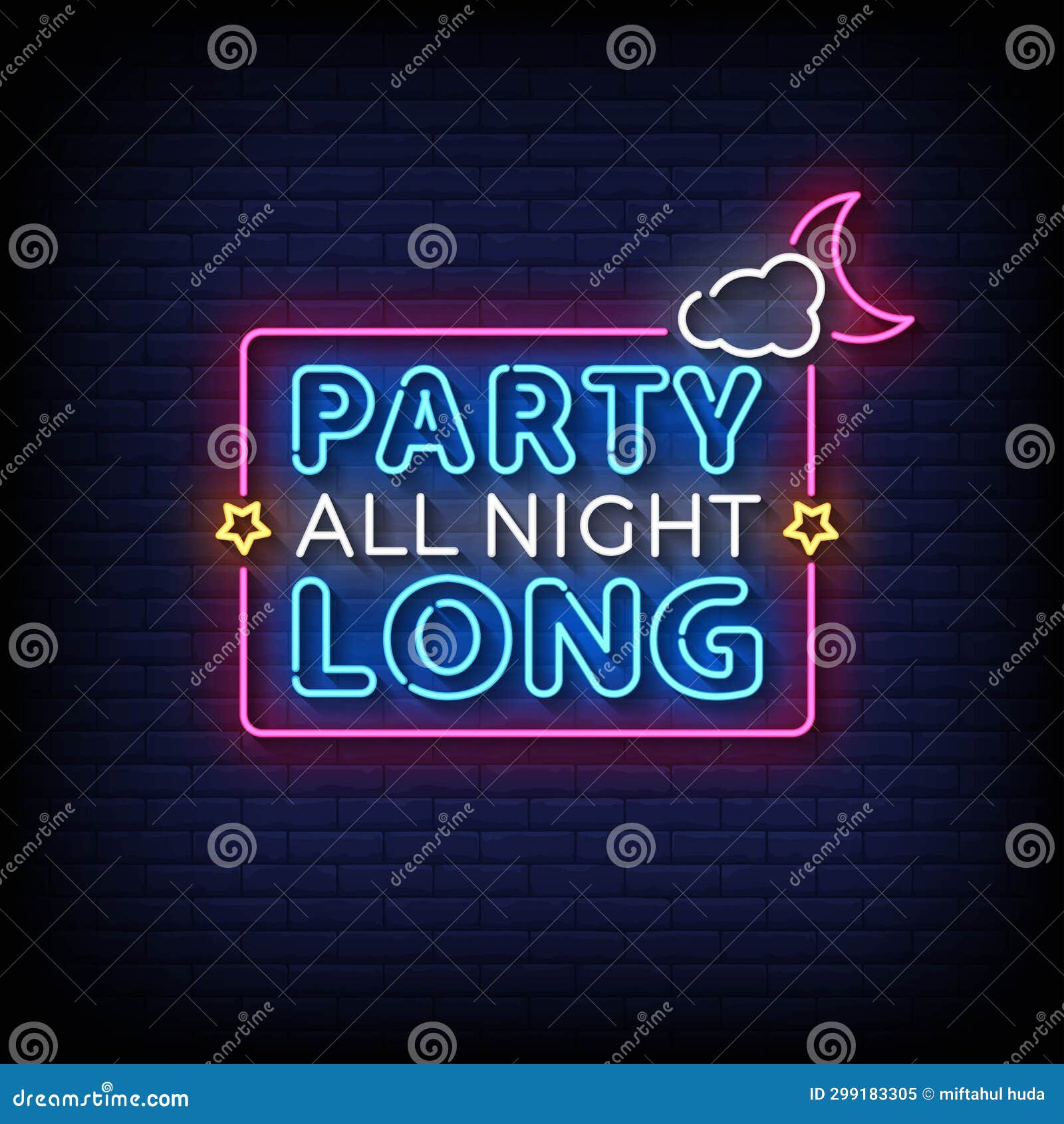Neon Sign Party All Night Long with Brick Wall Background Vector Stock ...