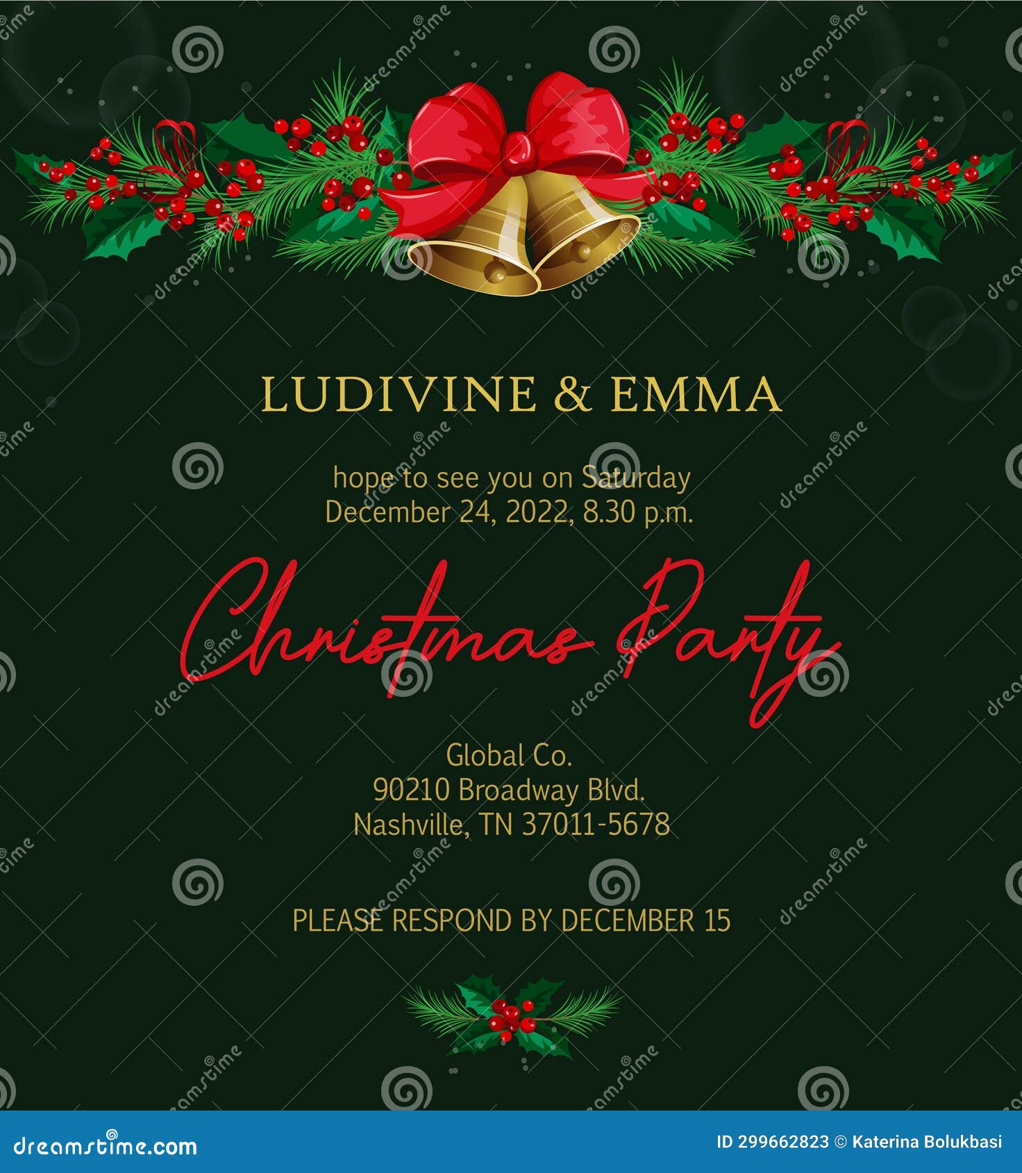 Christmas Party Invitation with Holly Bells Ornament Decoration. Green ...