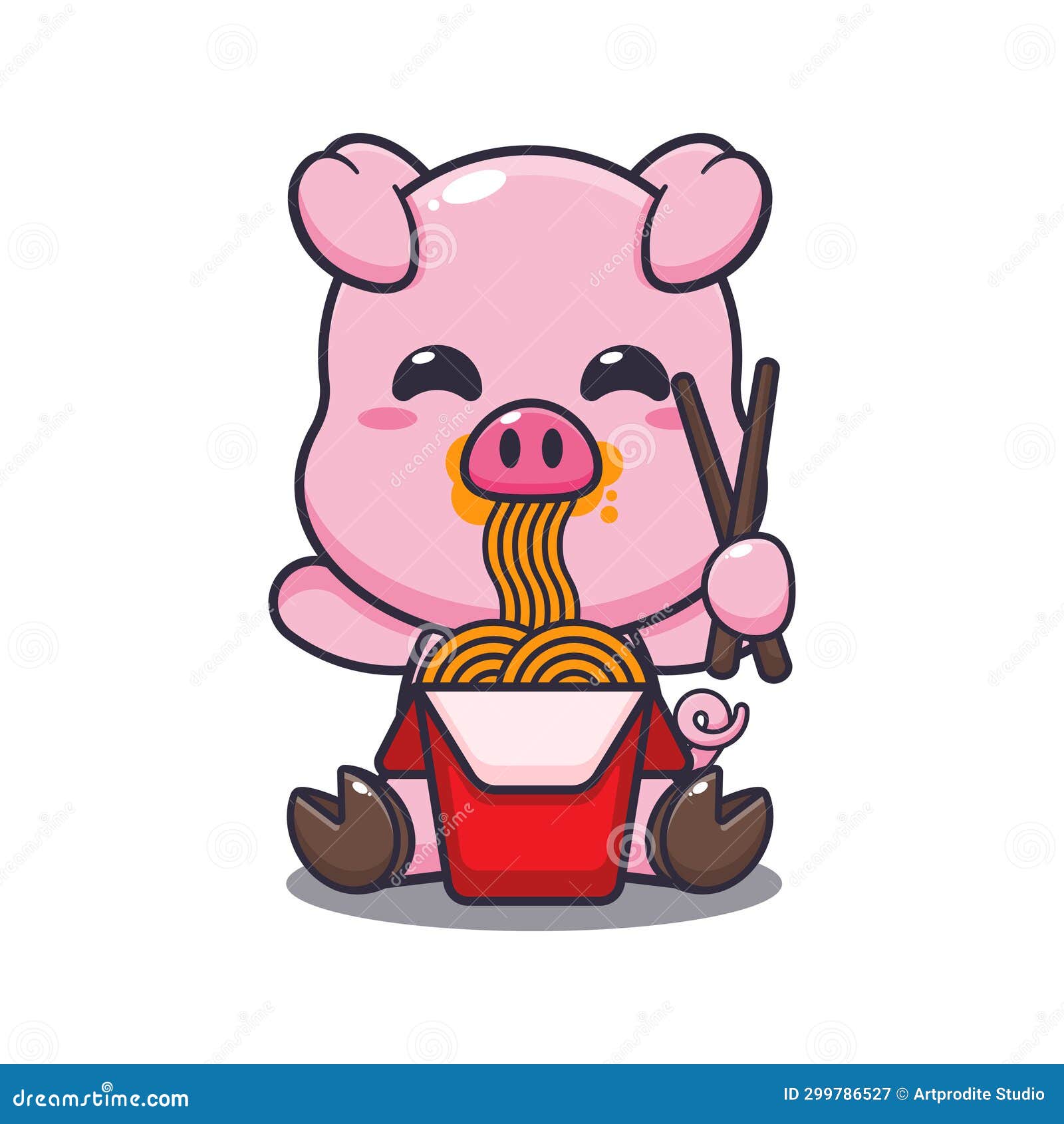Cute Pig Eating Noodle Cartoon Vector Illustration. Stock Vector ...