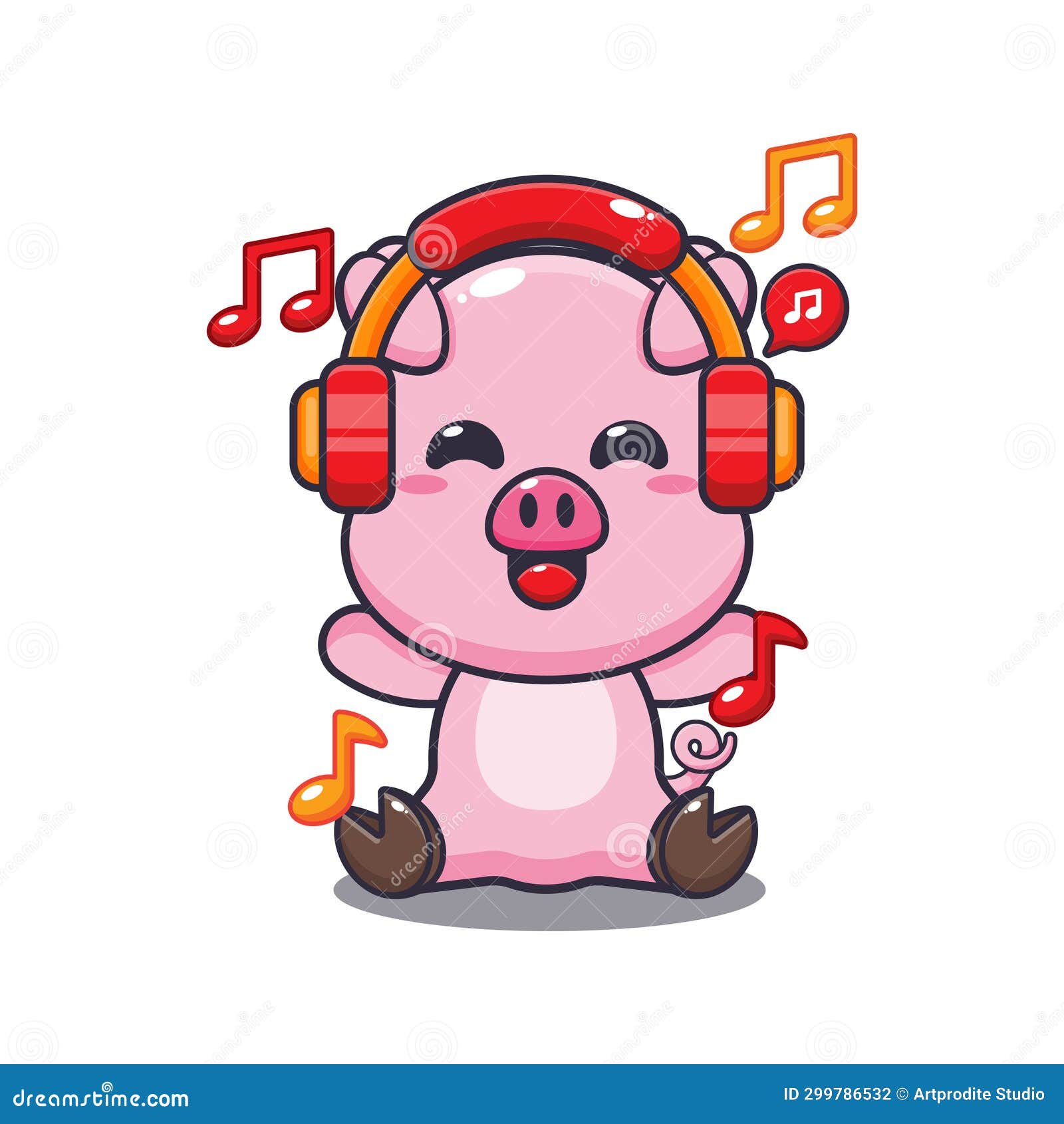 Cute Pig Listening Music with Headphone Cartoon Vector Illustration ...