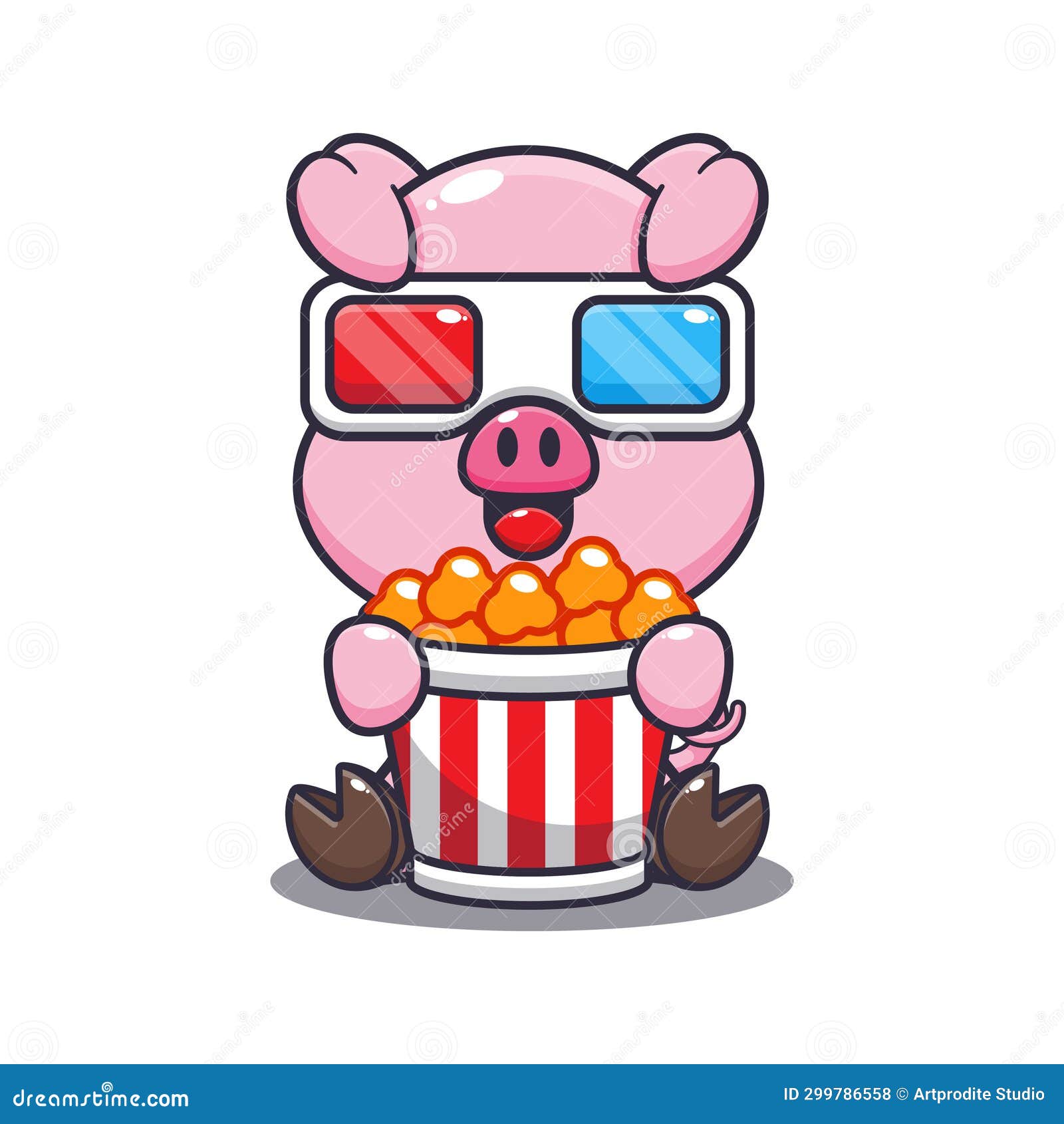 Cute Pig Eating Popcorn and Watch 3d Movie Cartoon Vector Illustration ...
