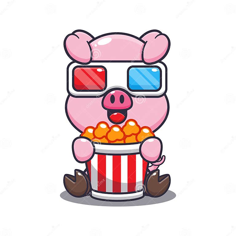 Cute Pig Eating Popcorn and Watch 3d Movie Cartoon Vector Illustration ...