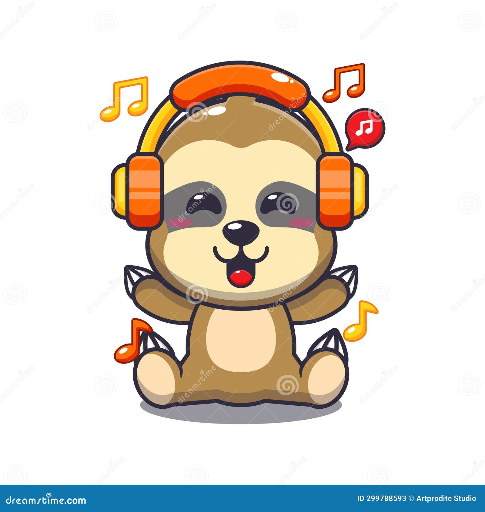 Cute Sloth Listening Music with Headphone Cartoon Vector Illustration ...