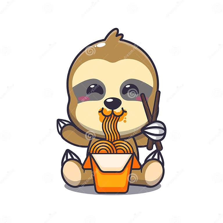Cute Sloth Eating Noodle Cartoon Vector Illustration. Stock Vector ...