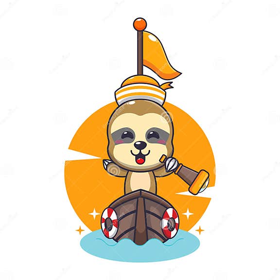 Cute Sloth Mascot Cartoon Character on the Boat. Stock Vector ...