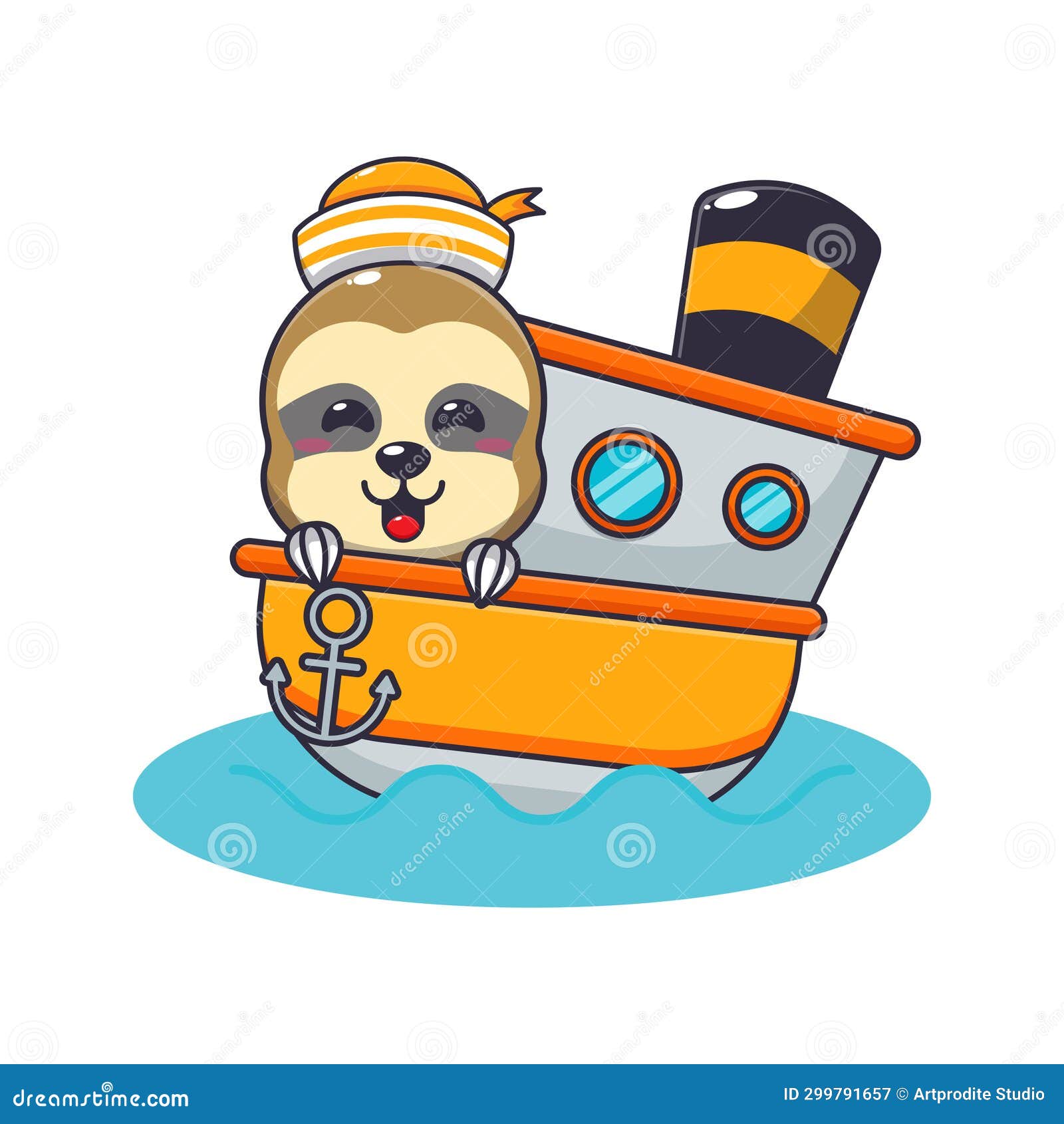 Cute Sloth Mascot Cartoon Character on the Ship. Stock Vector ...