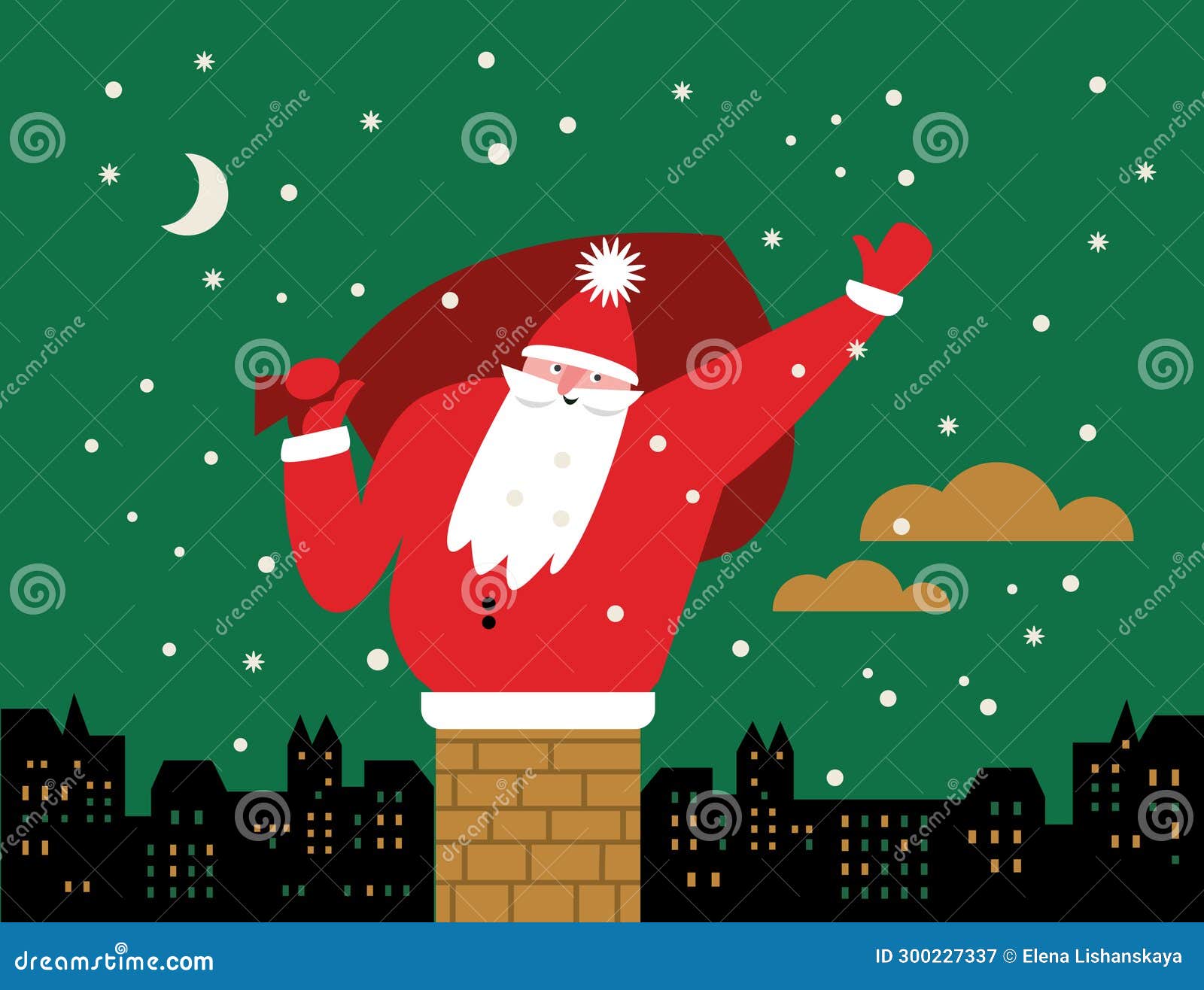 Christmas and New Year Greeting Card. Santa Coming Down the Chimney ...