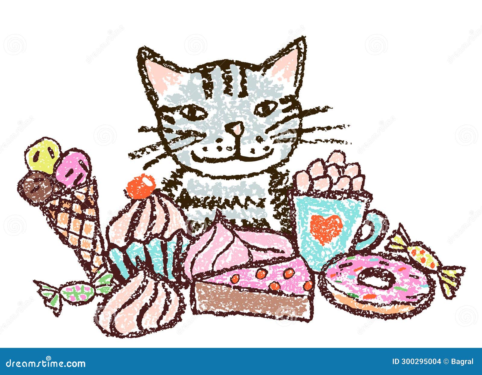 Fat Cat with Sweet Tooth among Dessert Sweet Food. Crayon, Pencil ...