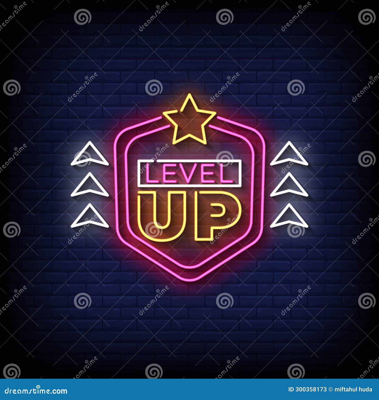 Neon Sign Level Up with Brick Wall Background Vector Stock Vector ...