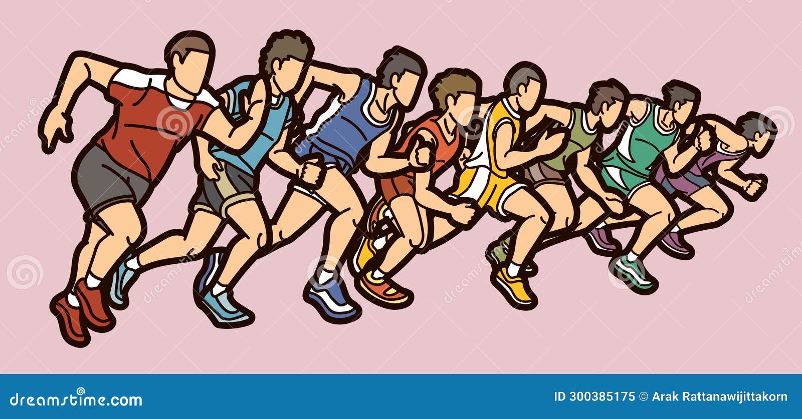 Group of Men Start Running Runner Action Jogging Together Cartoon Sport ...
