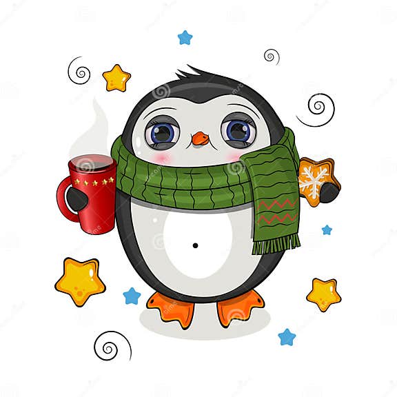 Cute Penguin in Green Winter Scarf with Hot Drink and Ginger Cookie ...