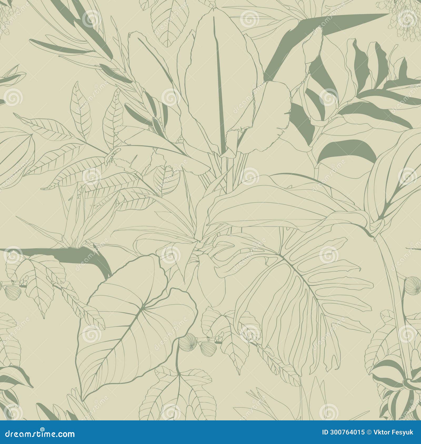 Seamless Tropical Pattern with Line Leaves, Flowers and Plants ...