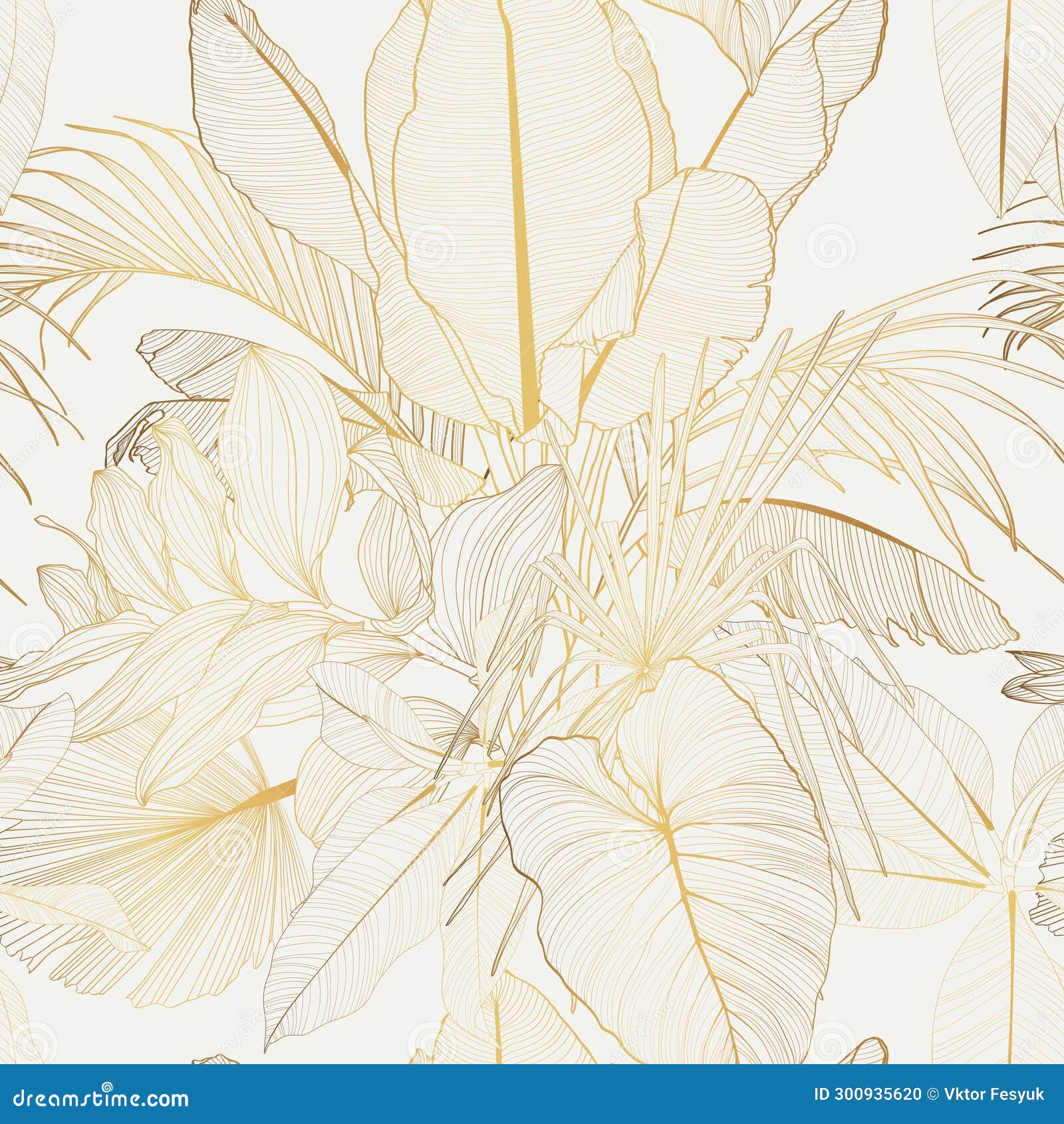 Seamless Tropical Pattern with Golden Line Leaves, Flowers and Plants ...