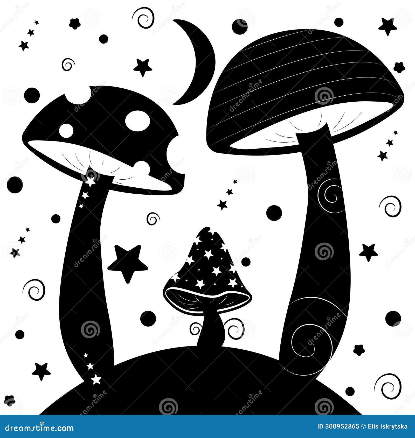 Mystical Night Mushrooms Clipart, Magic Line Celestial Mushrooms, Moon ...