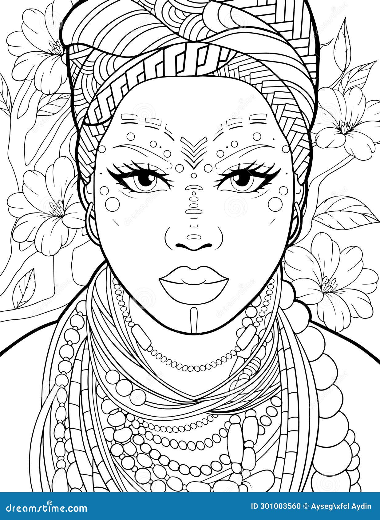 Hand Drawn Beauty Girl Coloring Page, African Woman Coloring Page Stock ...